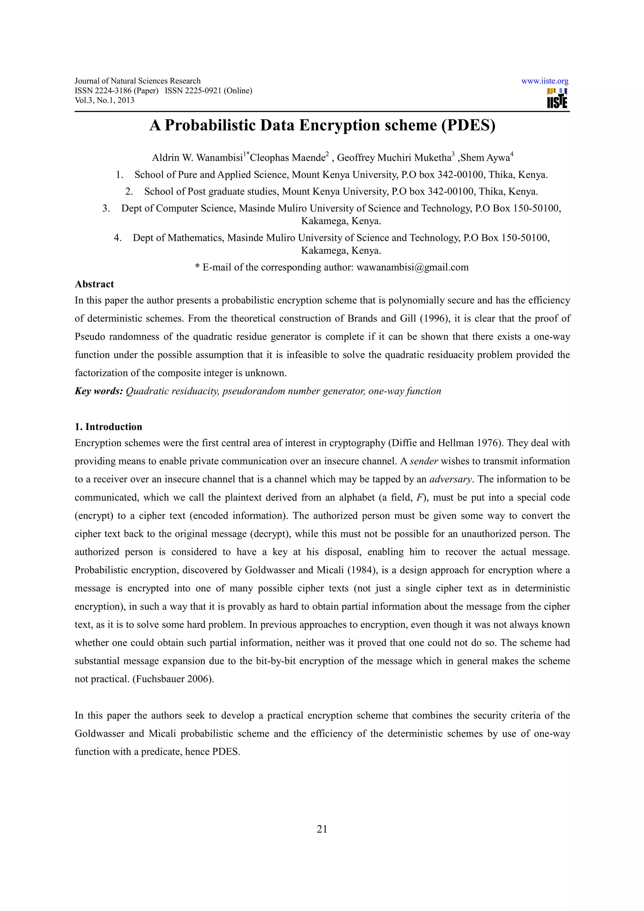 A probabilistic data encryption scheme (pdes) | PDF