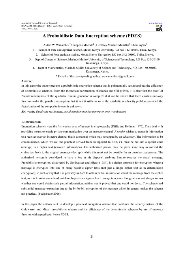 A probabilistic data encryption scheme (pdes) | PDF | Programming Languages | Computing