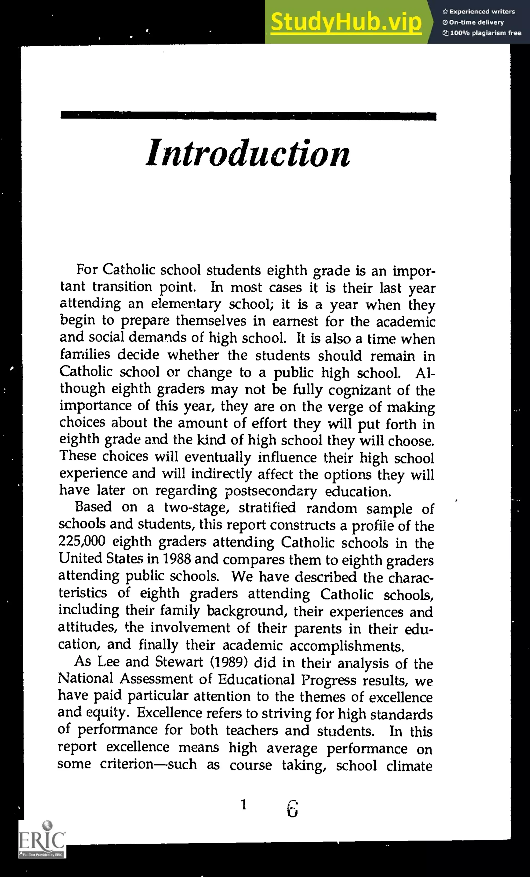 A Profile Of Eighth Graders In Catholic Schools. Based On The National ...