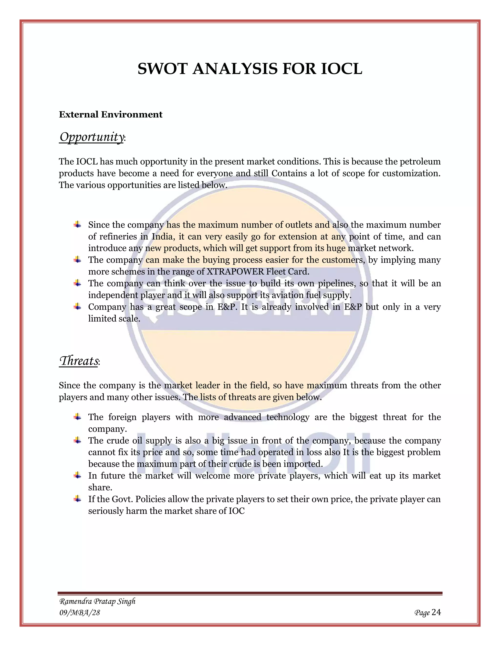 iocl project report on : | PDF