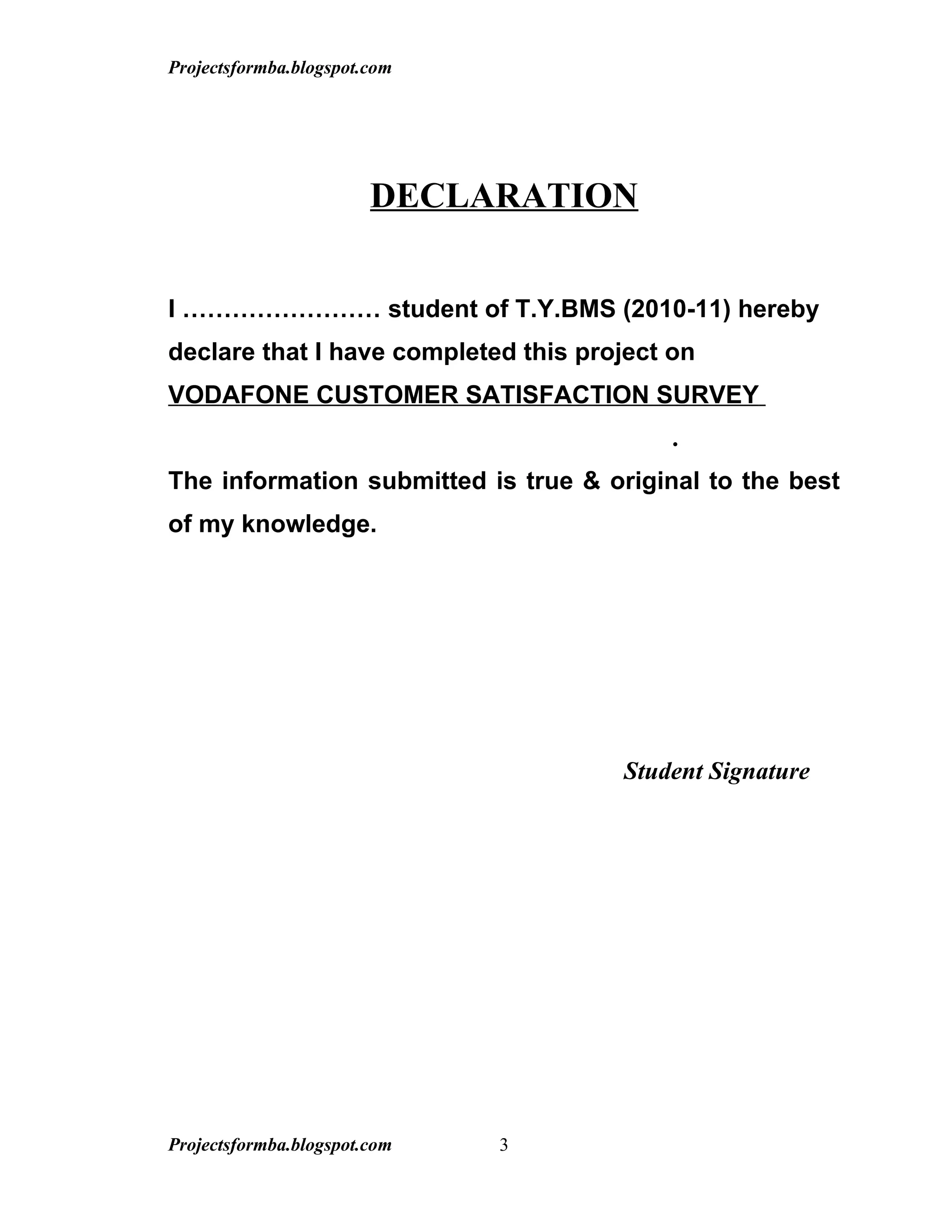 A project report of customer satisfaction survey on vodafone | DOC