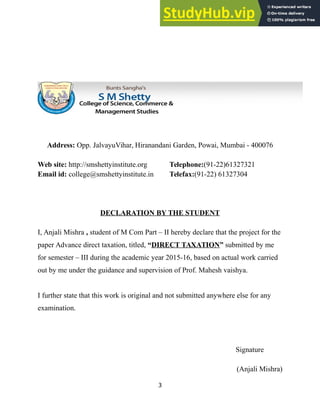 A PROJECT REPORT ON DIRECT TAXATION SUBMITTED MASTER OF COMMERCE PART ...