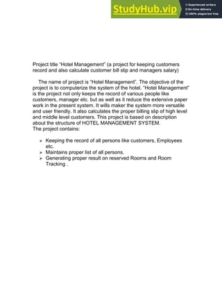A PROJECT REPORT ON HOTEL MANAGEMENT SYSTEM | PDF
