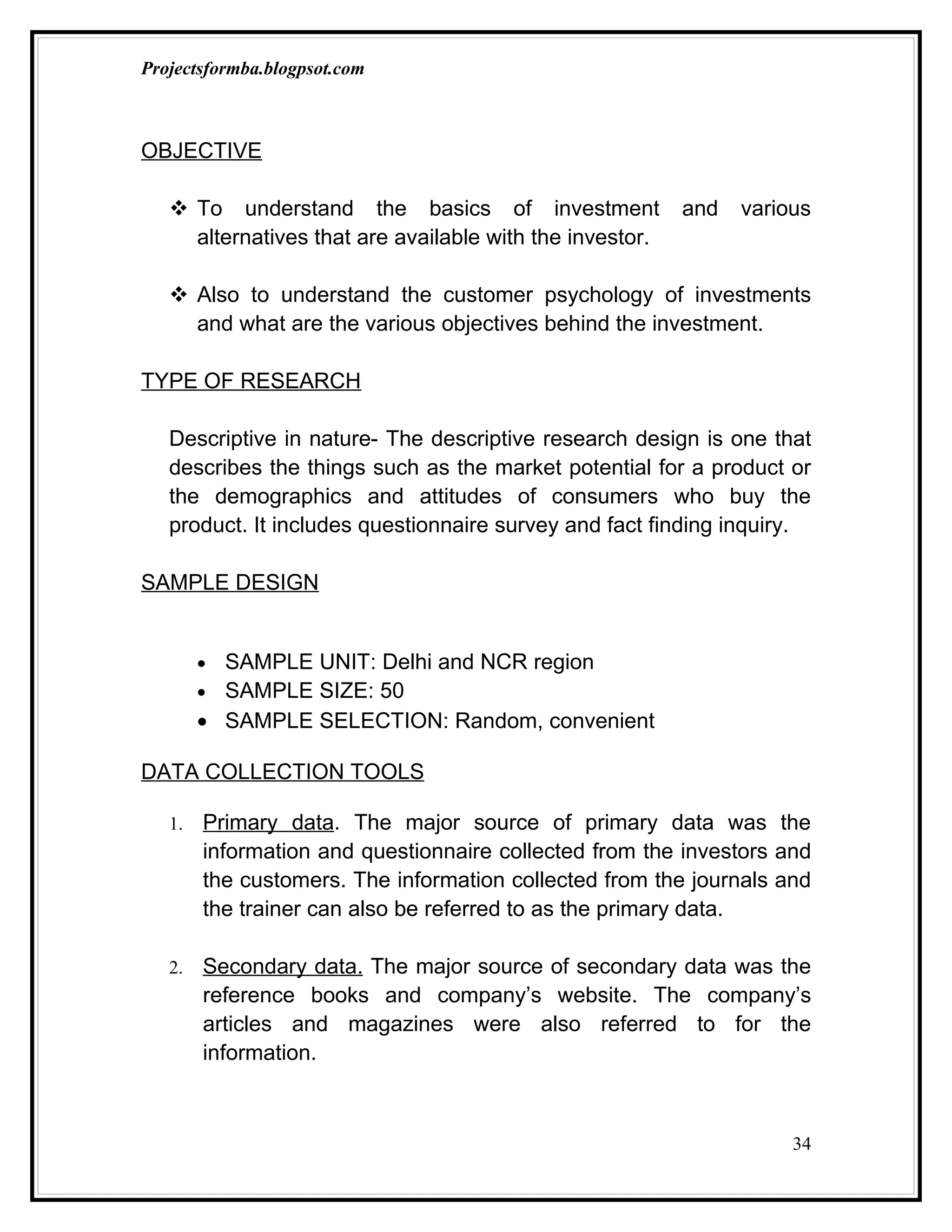 A project report on investment strategies and portfolio management at ...