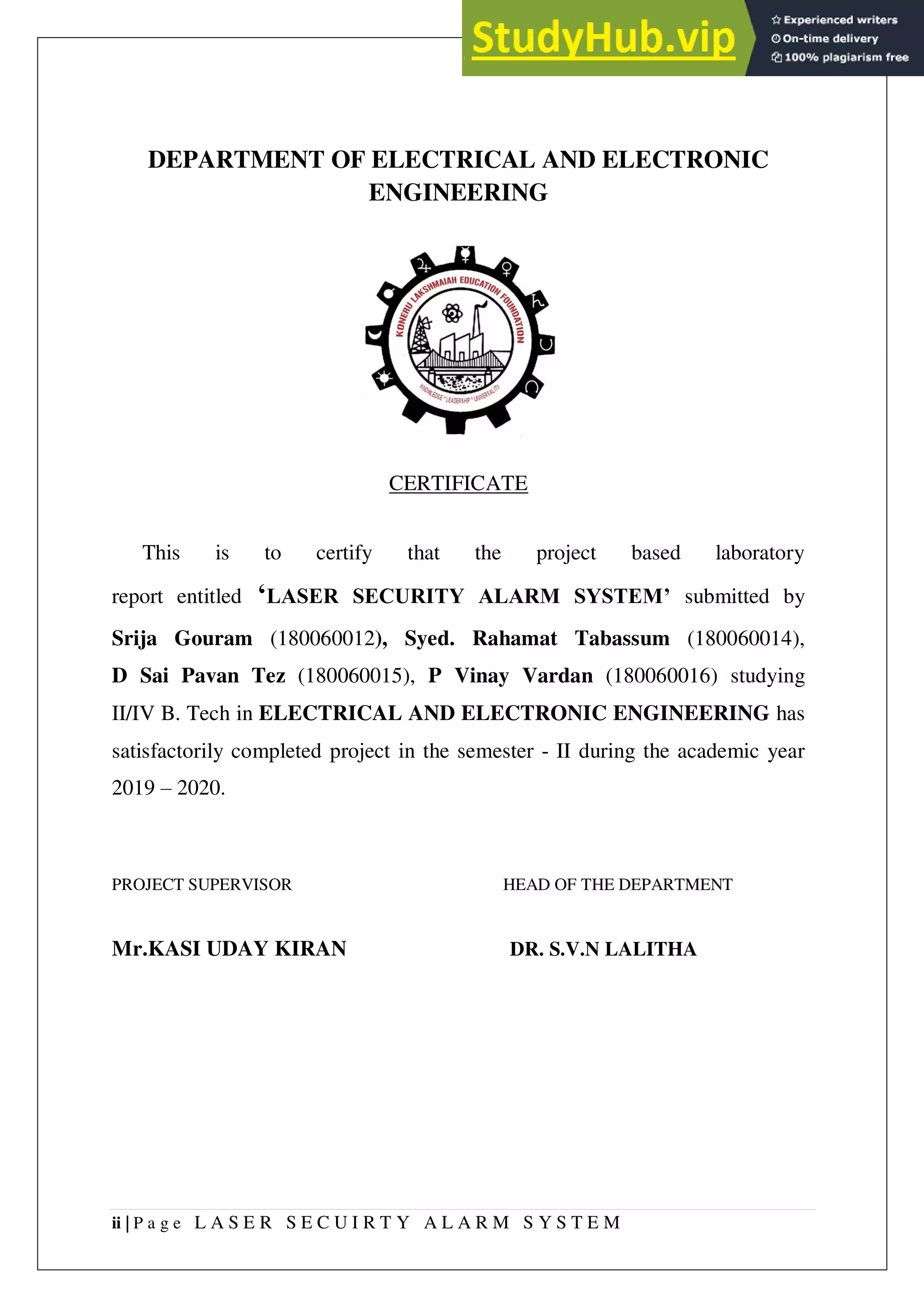 A PROJECT REPORT On LASER SECURITY ALARM SYSTEM | PDF