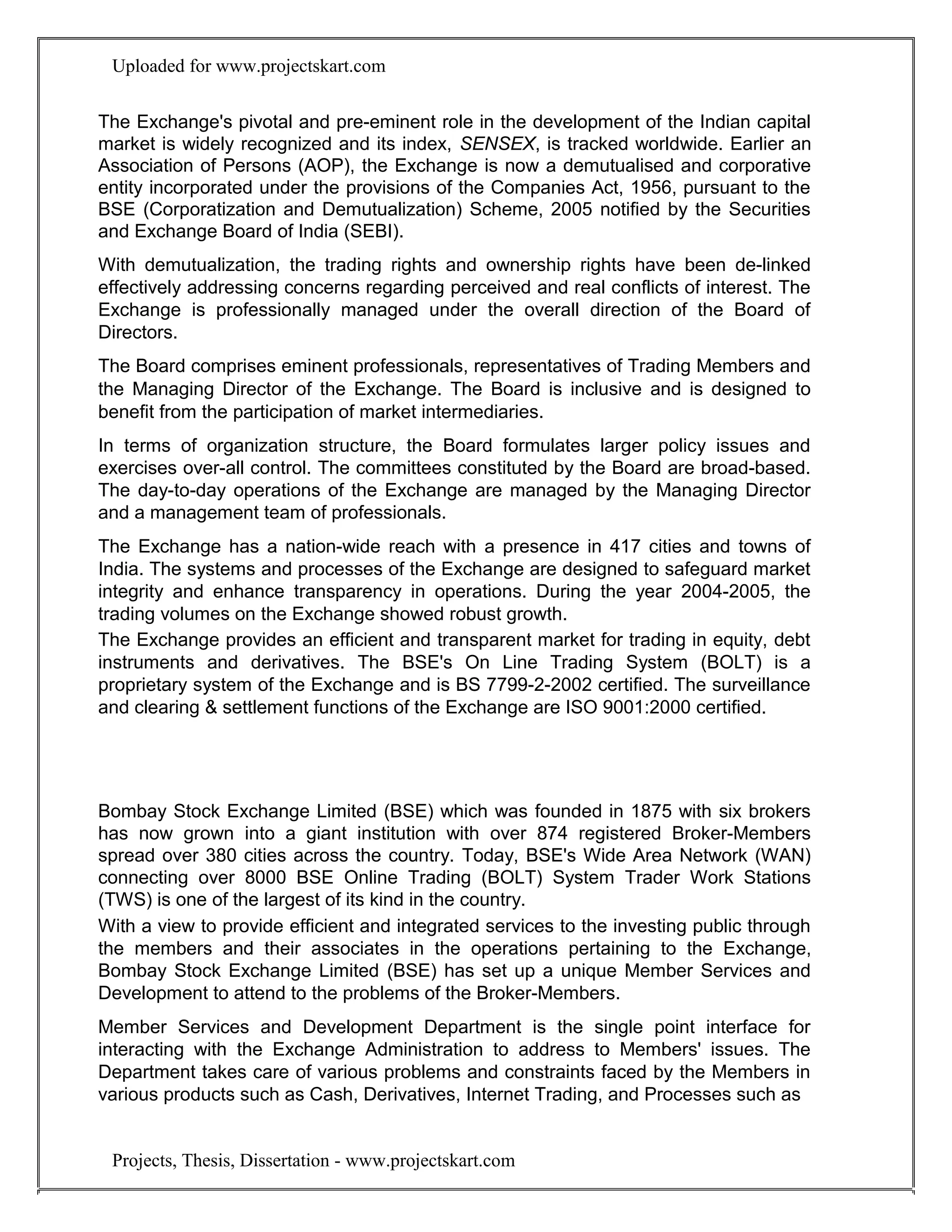 A Project Report on National Stock Exchange (NSE) | DOC