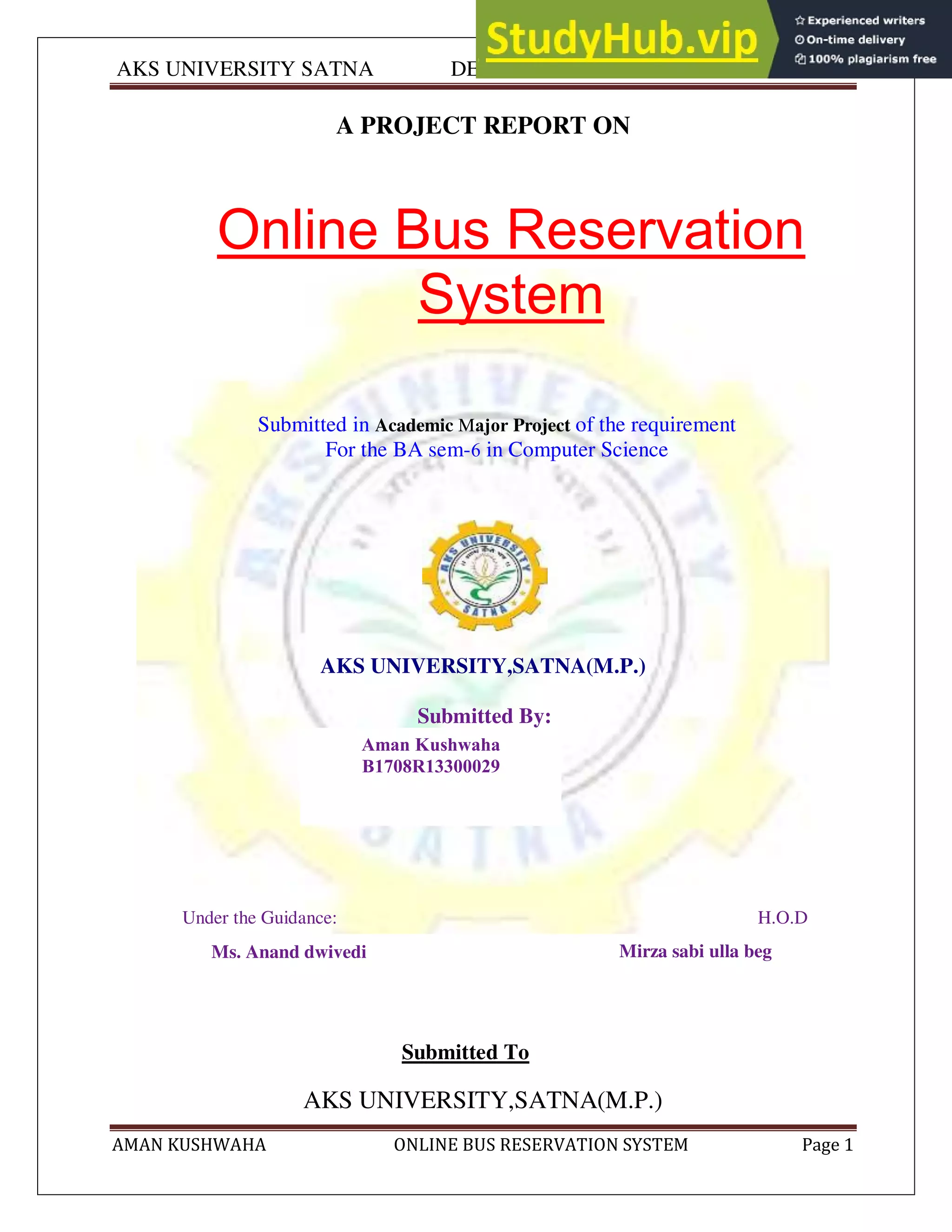 A PROJECT REPORT ON Online Bus Reservation System | PDF