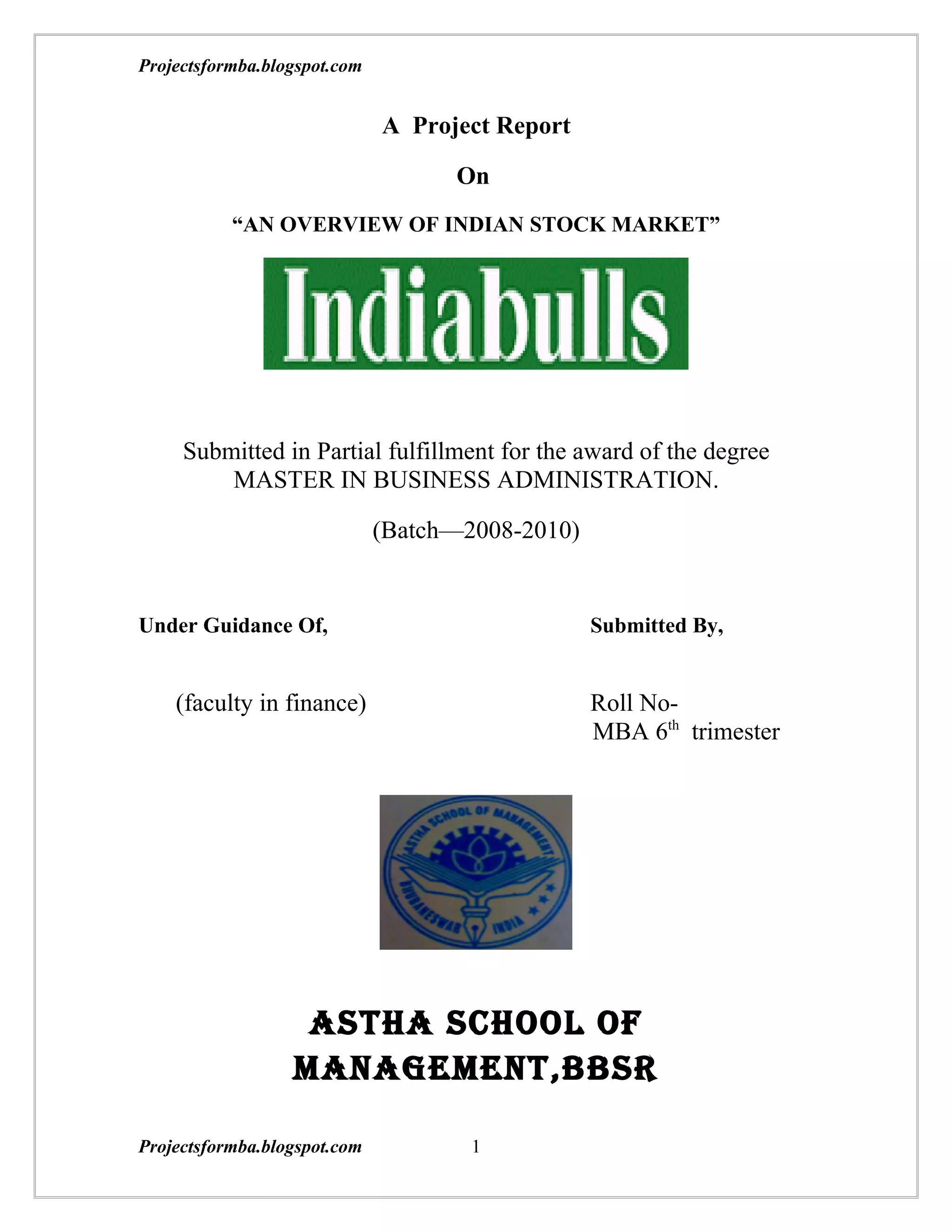 A project report on overview of indian stock market | DOC