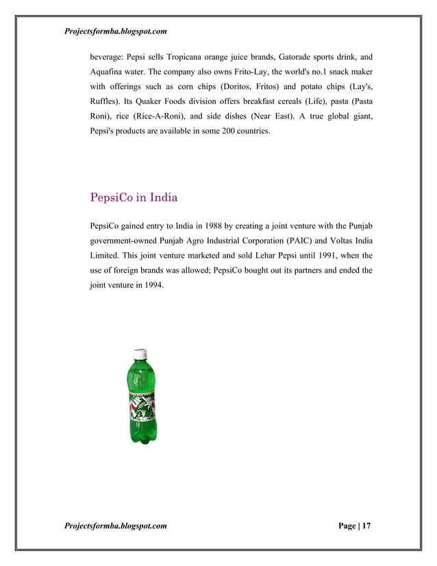 A project report on pepsi cola ltd., | DOC | Food & Drink