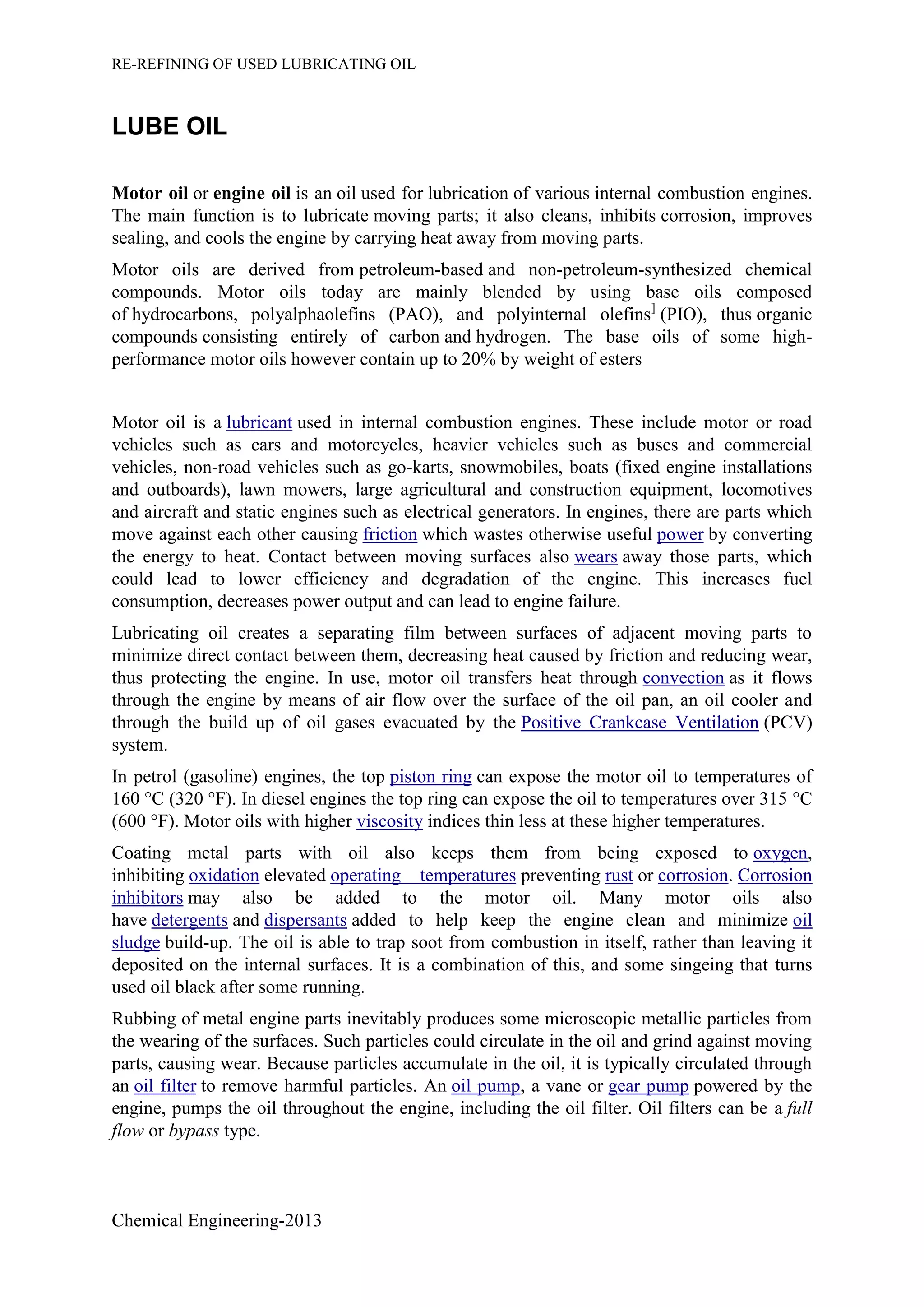 A project report on re-refining of used lube oil | DOCX