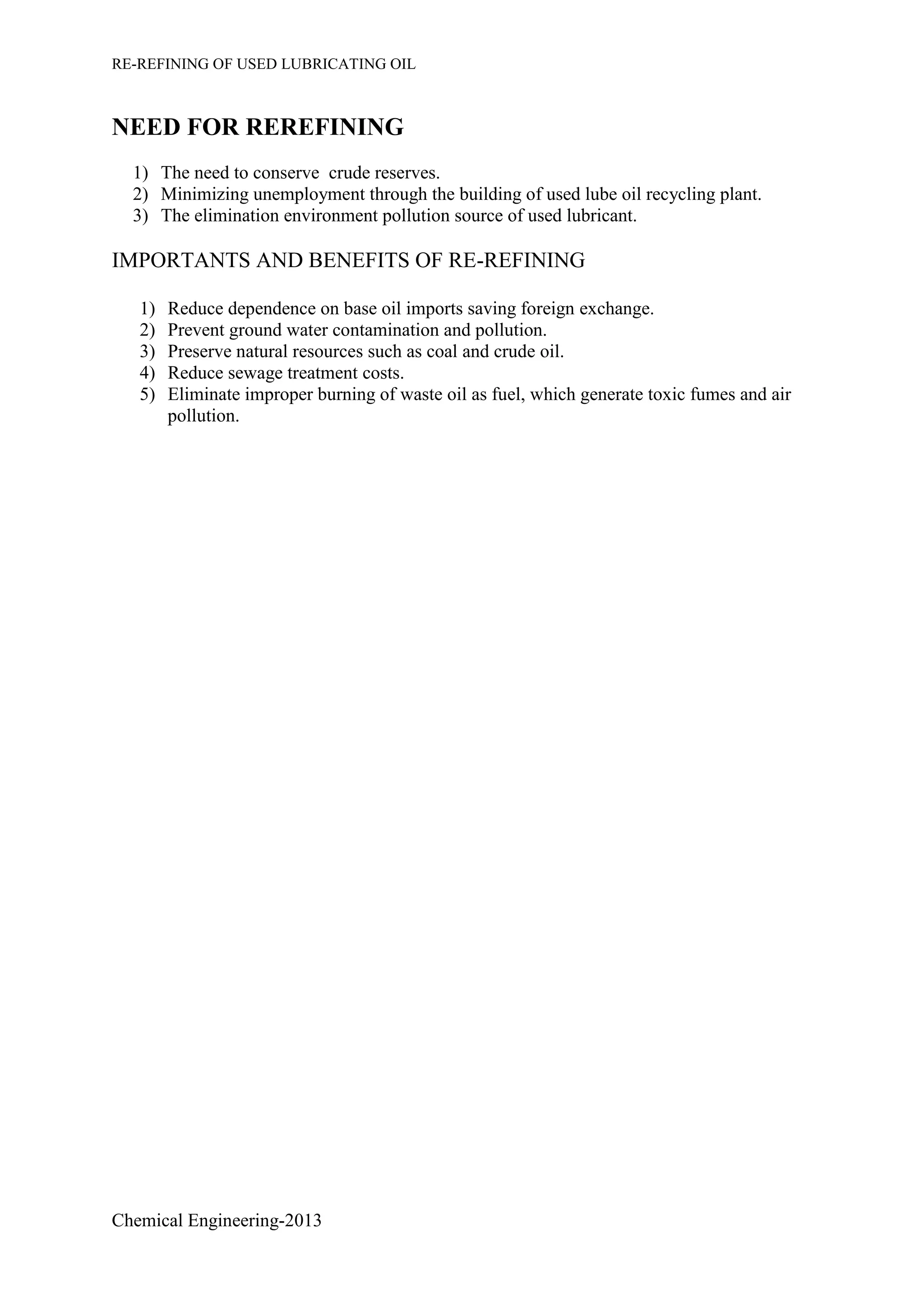 A project report on re-refining of used lube oil | DOCX