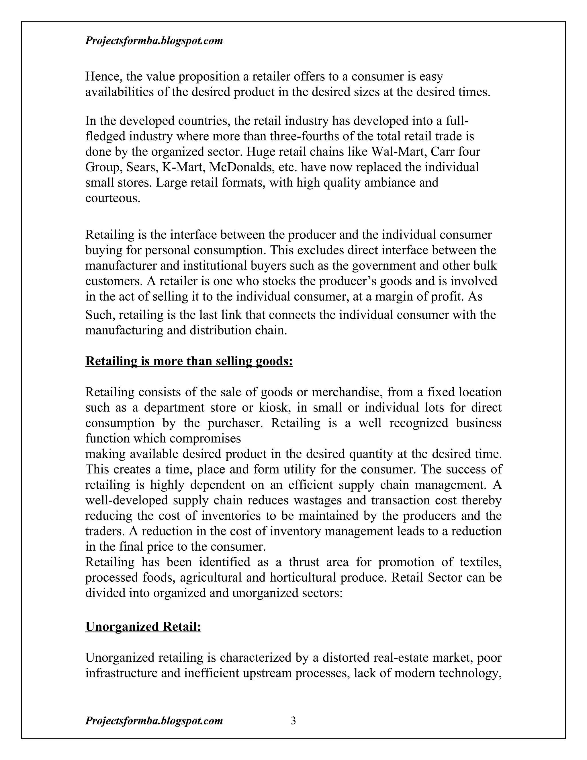 A project report on retail industry in india | DOC