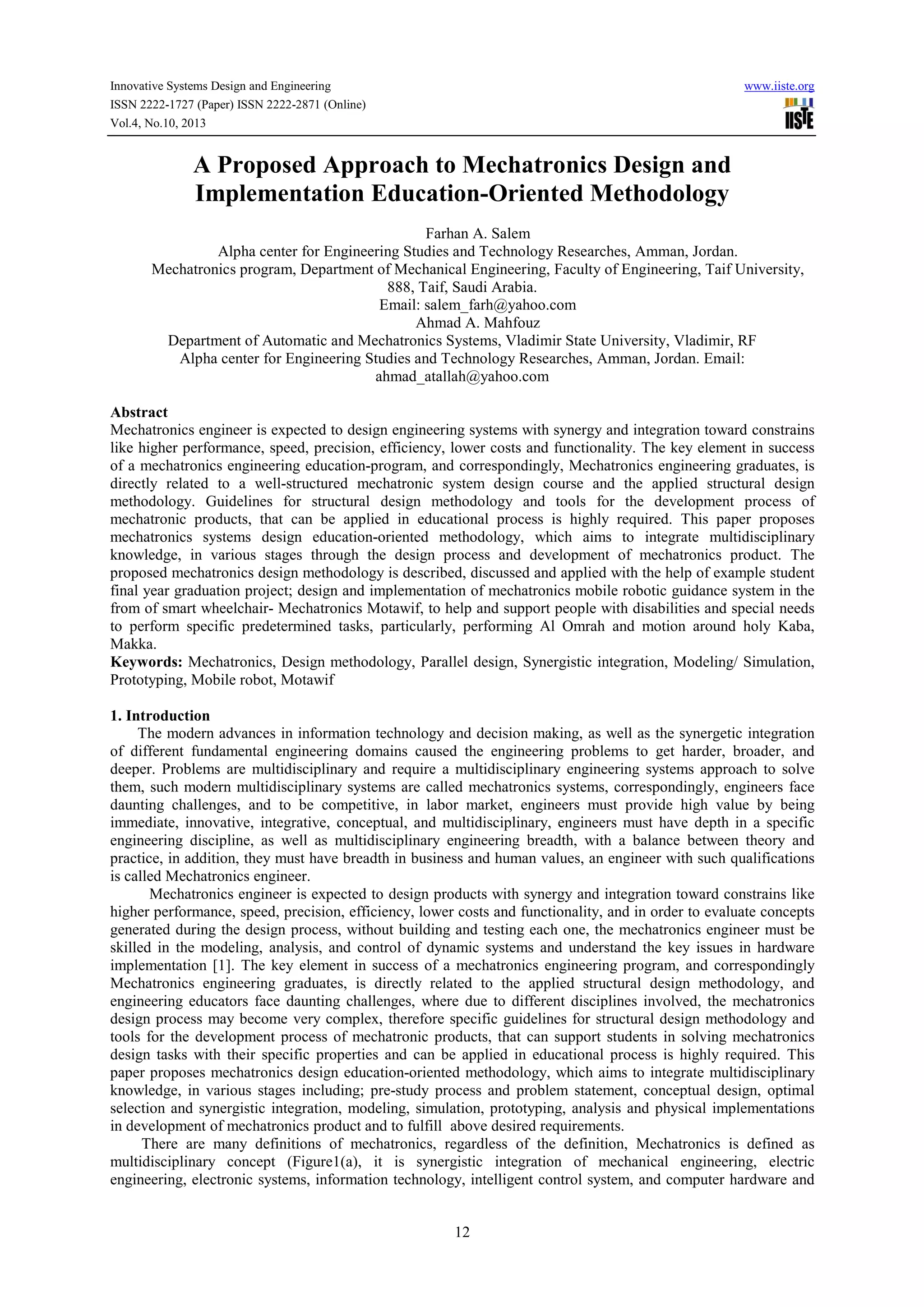 A proposed approach to mechatronics design and implementation education oriented methodology | PDF