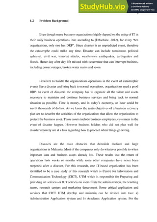 A Proposed Methodology To Develop Disaster Recovery Plan For CICT UTM | PDF