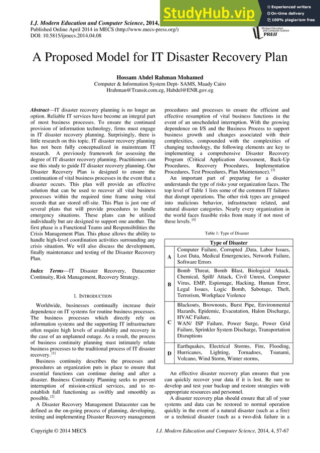 A Proposed Model For IT Disaster Recovery Plan | PDF