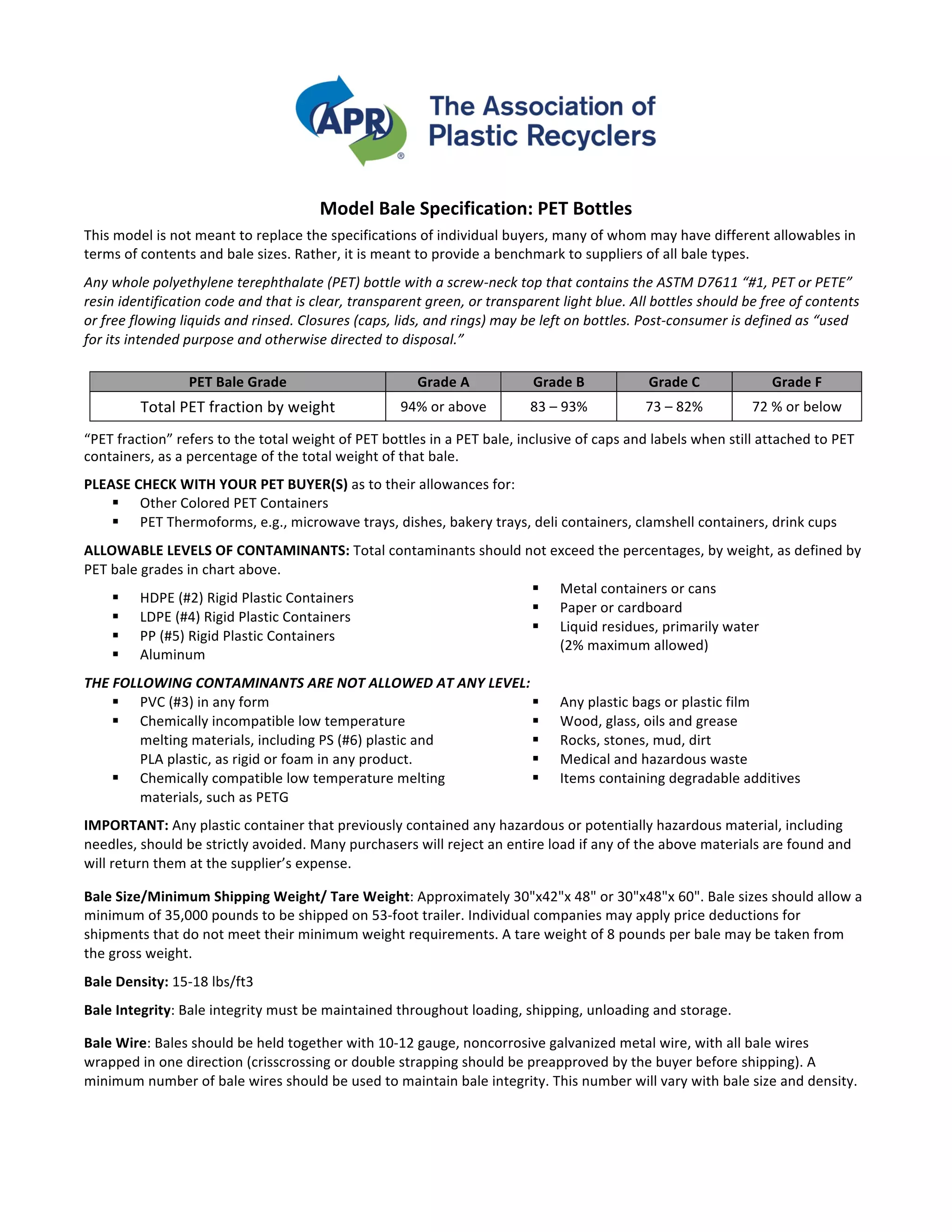 Apr pet bottles bale specification | PDF