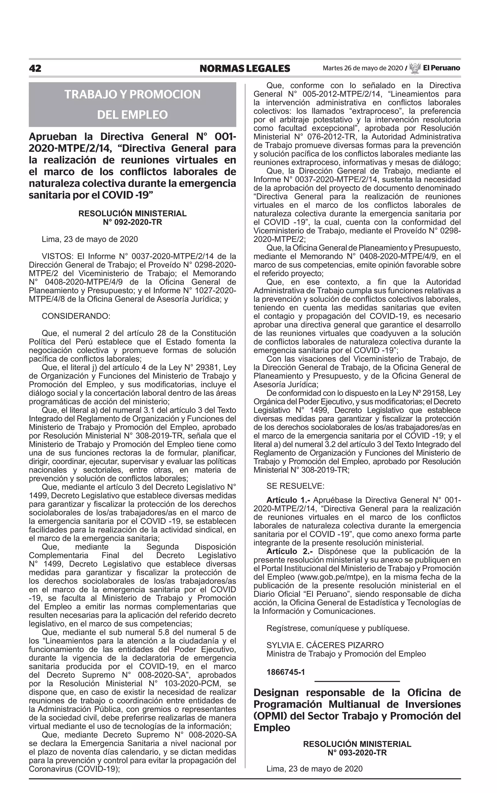 Resolucion Ministerial Nº 092-2020-TR Directiva General para la ...