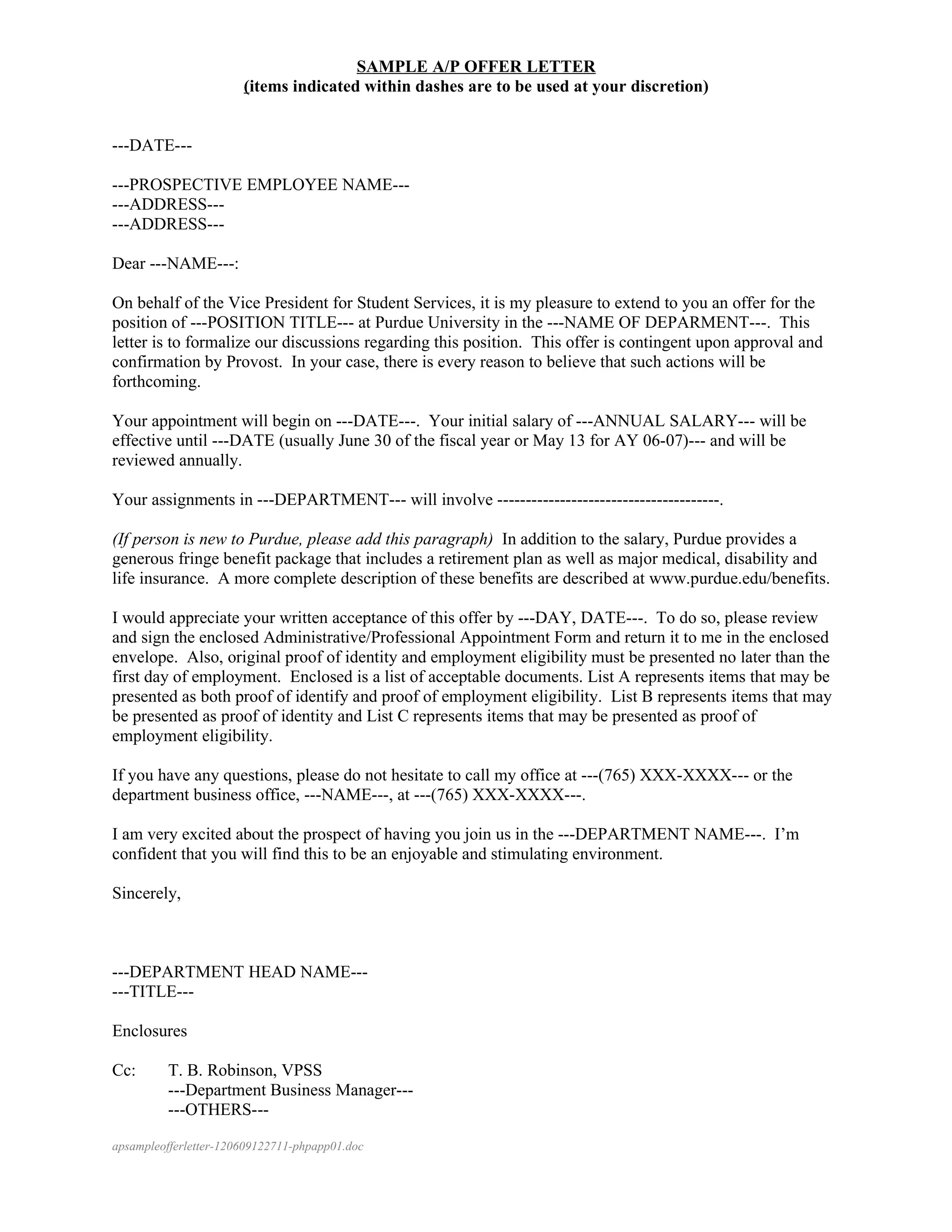 A p sample offer letter | DOC