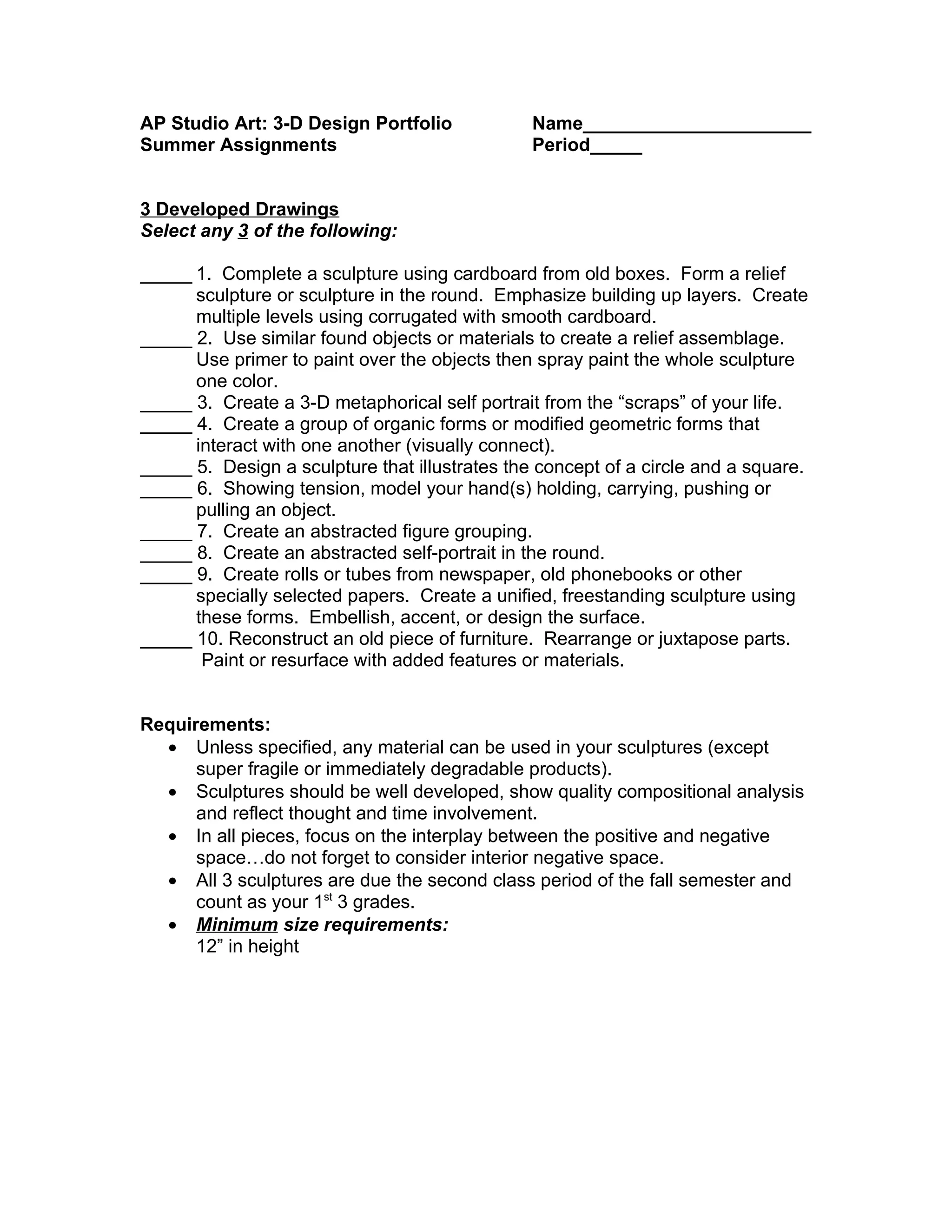 Ap studio art 3-d design summer assignment info. 2010 | PDF