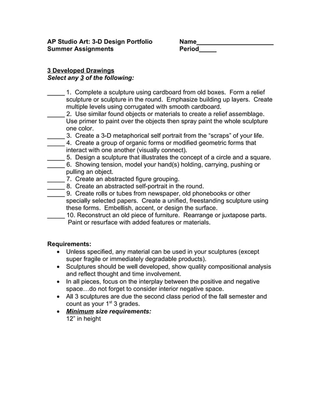 Ap studio art 3-d design summer assignment info. 2010-website | PDF