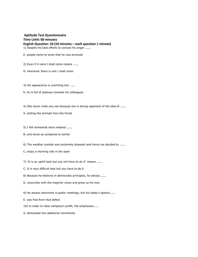 Aptitude test questions 1 (2) | DOCX | Educational Assessment | Education