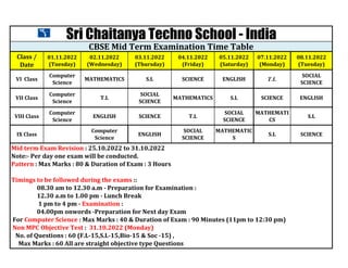 Sri Chaitanya Techno School CBSE Mid Term Exam Time Table 2022 | PPT