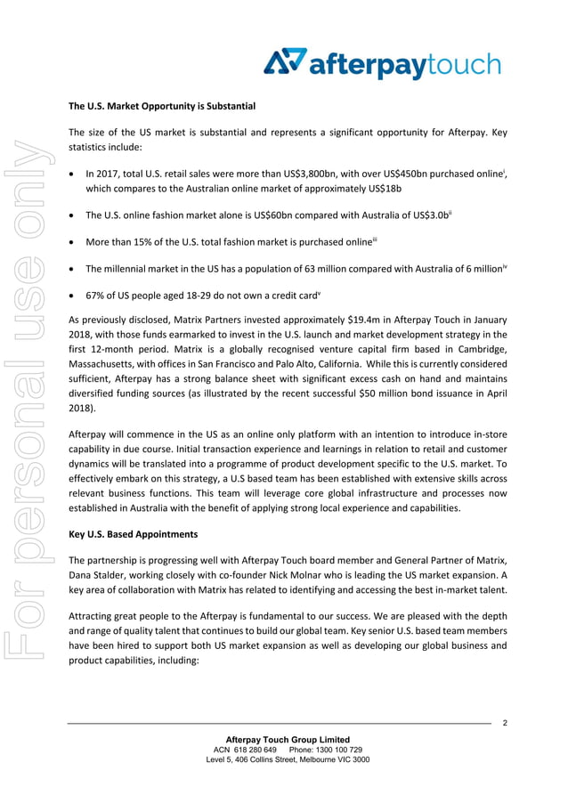 Afterpay US Launch | PDF