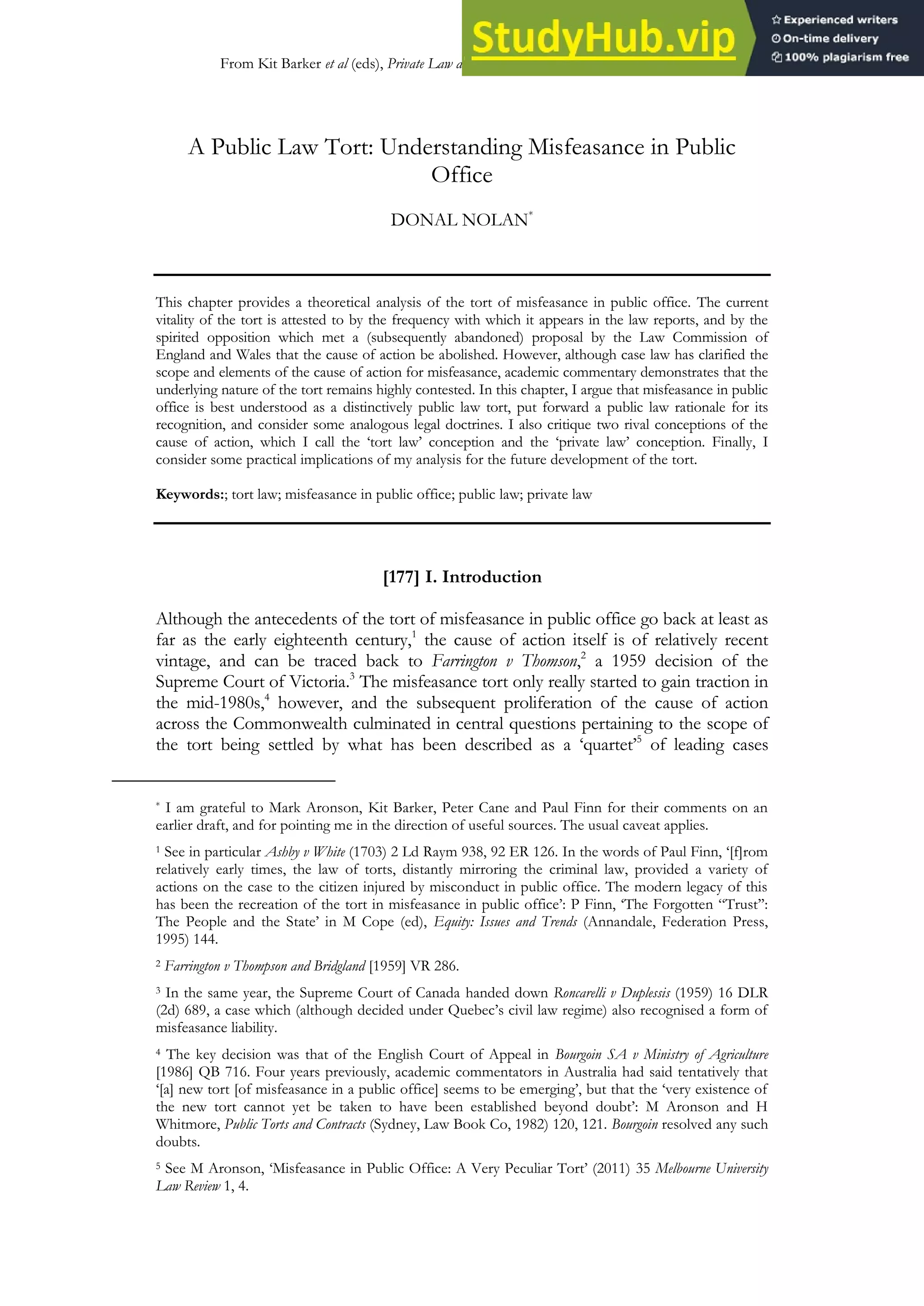 A Public Law Tort Understanding Misfeasance In Public Office | PDF