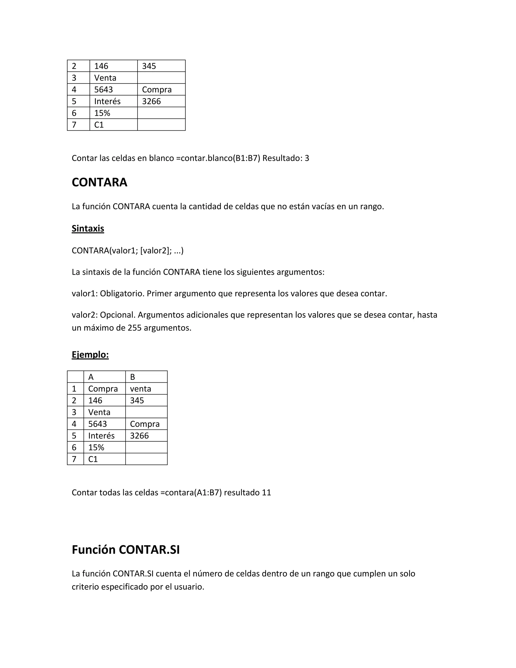 Funciones contar, contara, contar.si, contar.blanco y sumar.si