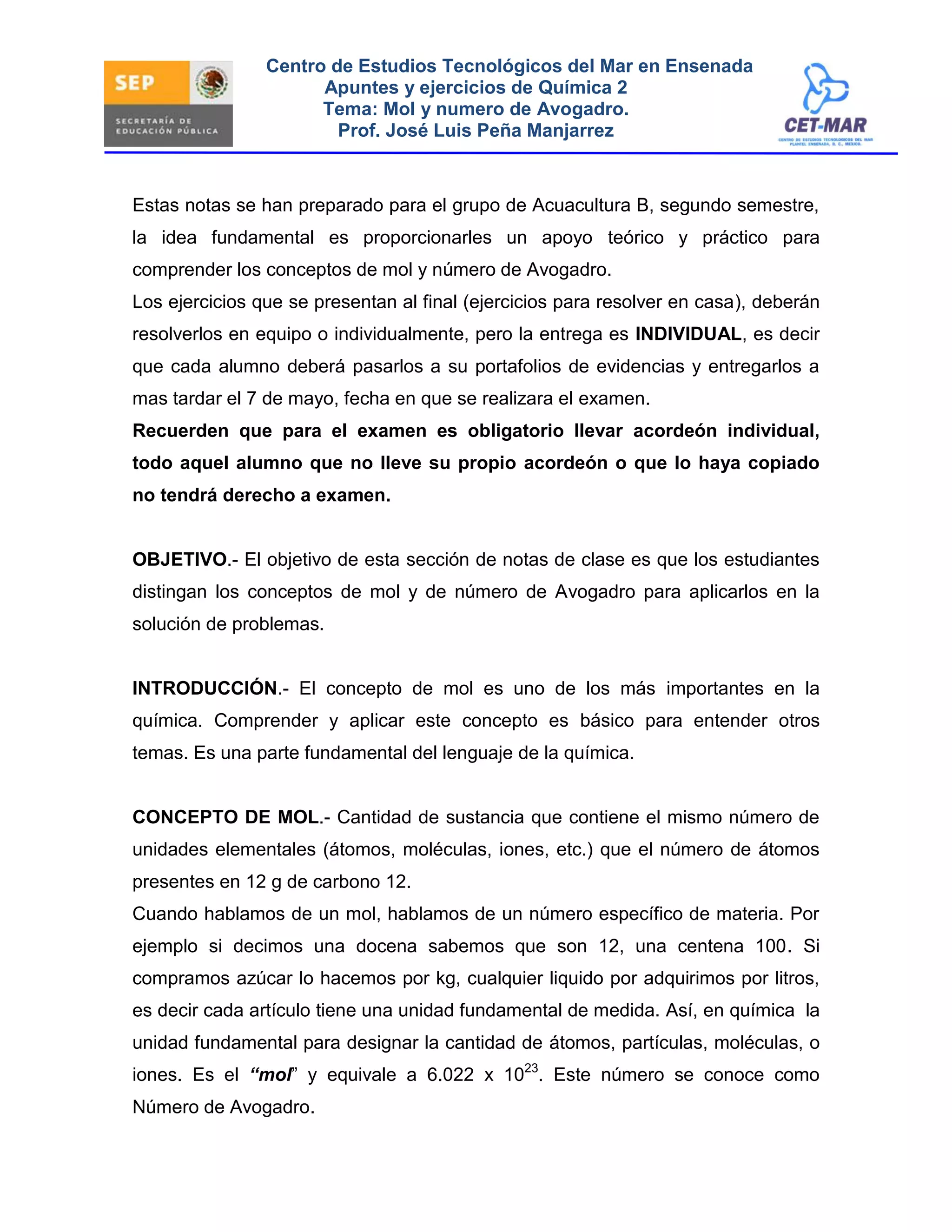 Apuntes mol y avogadro | PDF