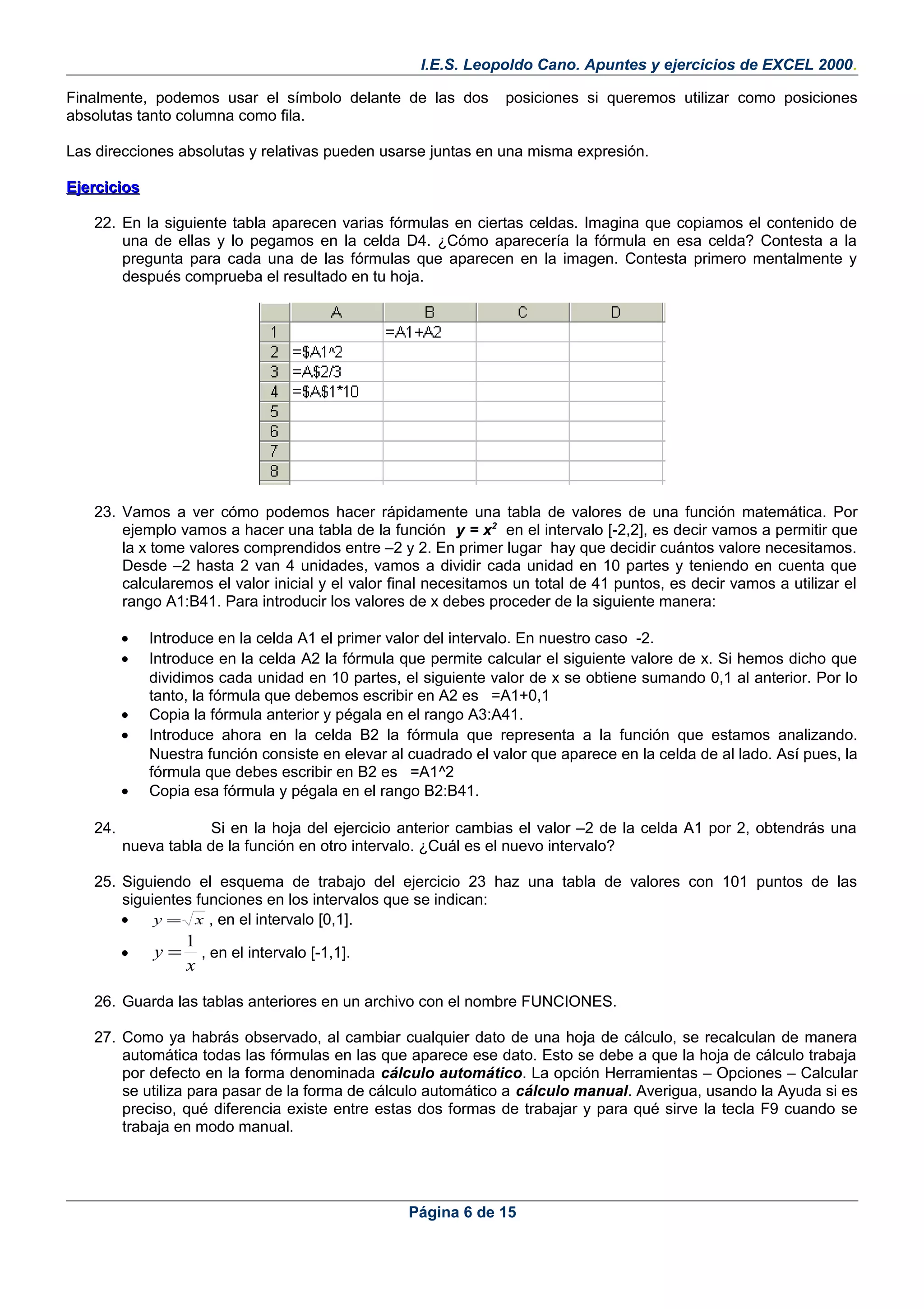 Apuntes y ejercicios sobre excel 2000 | DOC