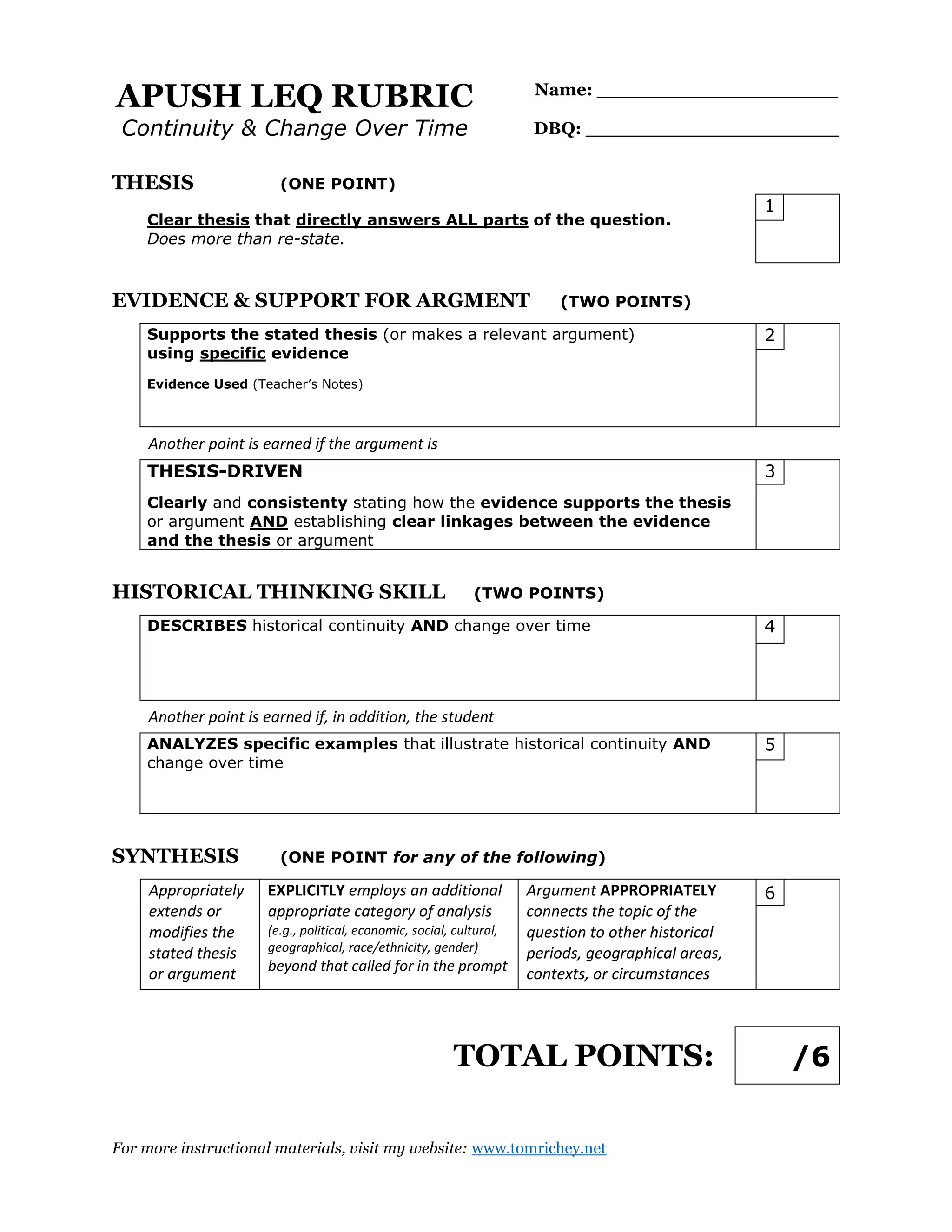 APUSH LEQ Rubric | PDF