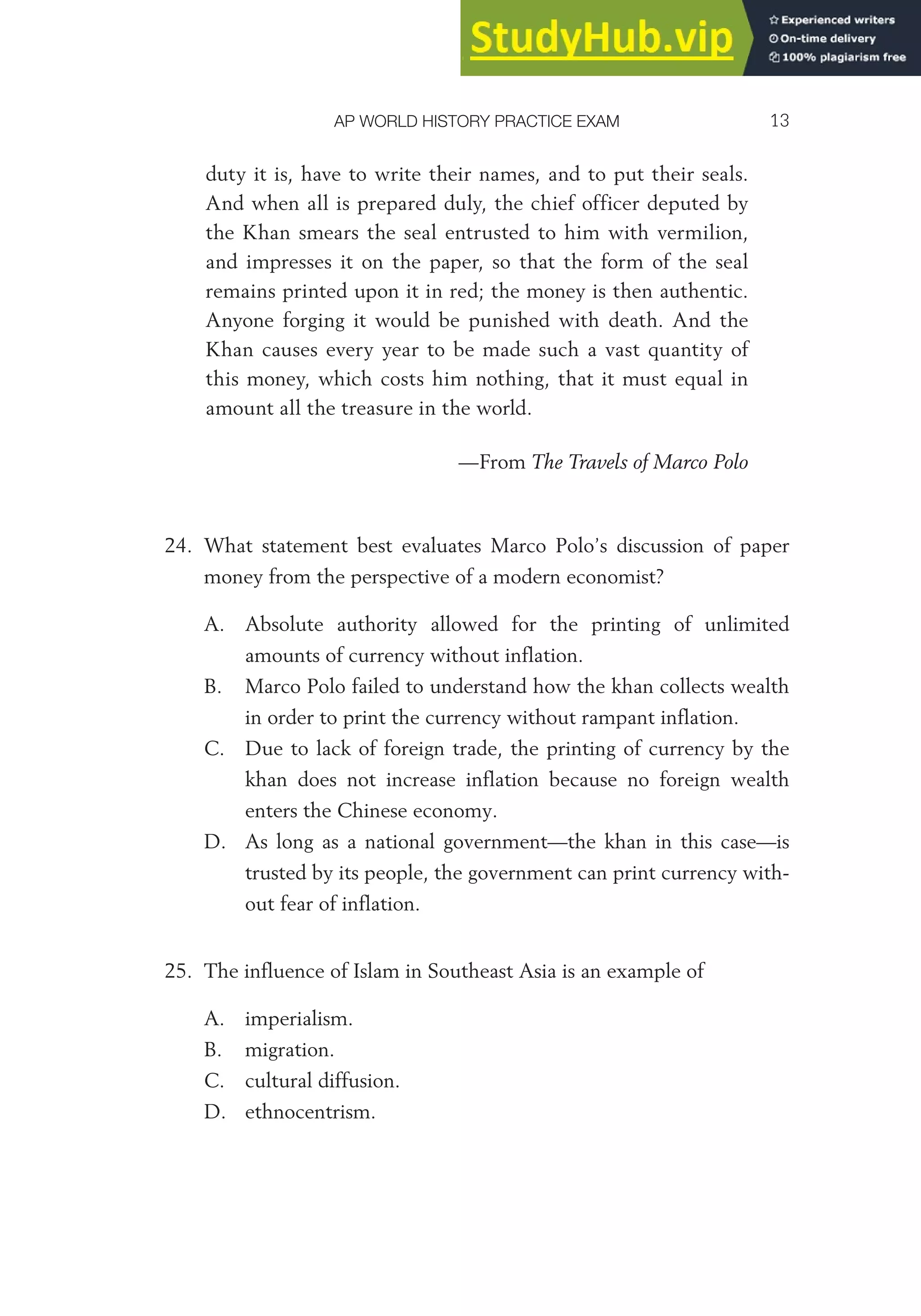 AP World History Practice Exam Section I Multiple-Choice Questions ...