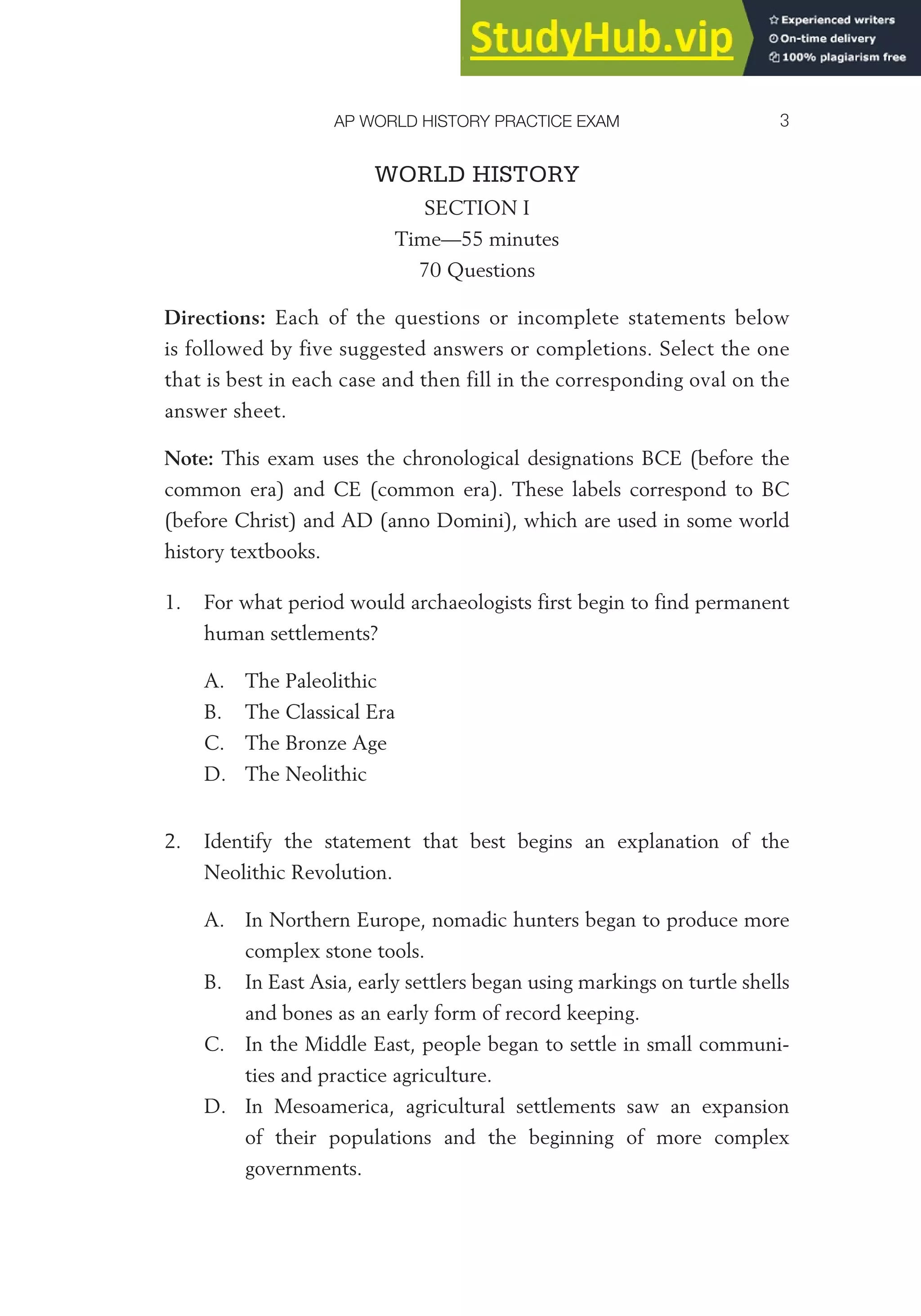 AP World History Practice Exam Section I Multiple-Choice Questions ...