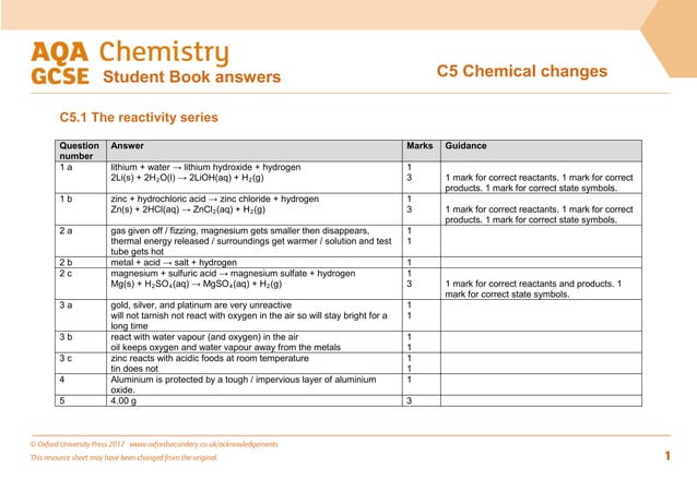 AQA Chemistry C5 Answers Key | PDF | Chemistry | Science