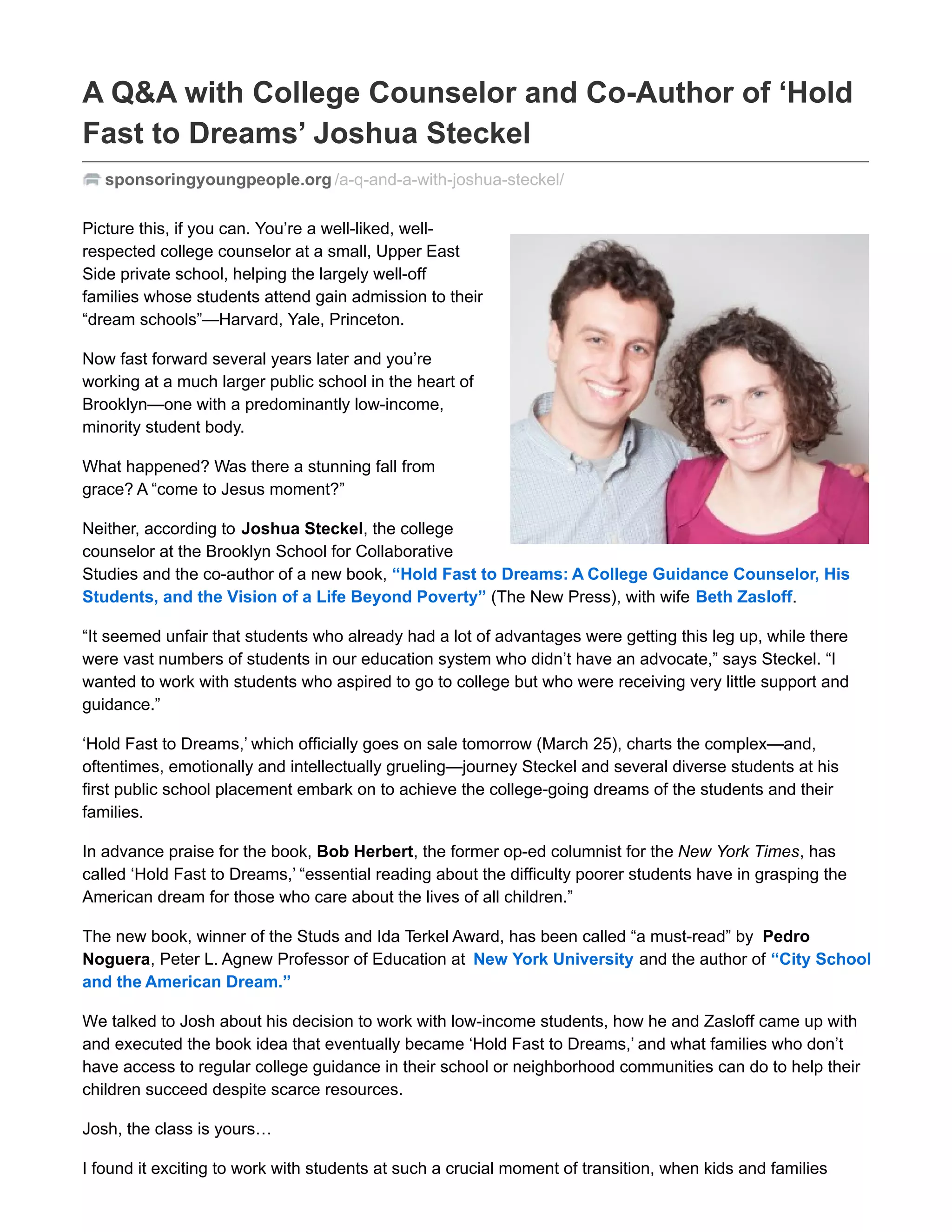 A Q&A with Co-Author of ‘Hold Fast to Dreams’ Joshua Steckel | PDF