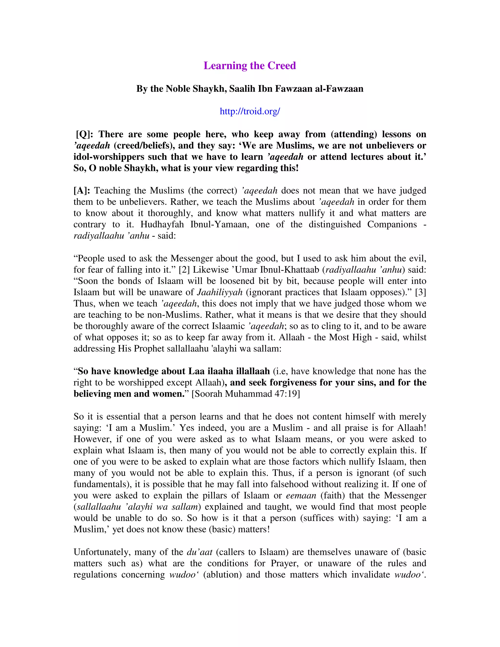 Aqeedah the importance of learning the creed - saalih al-fawzaan | PDF