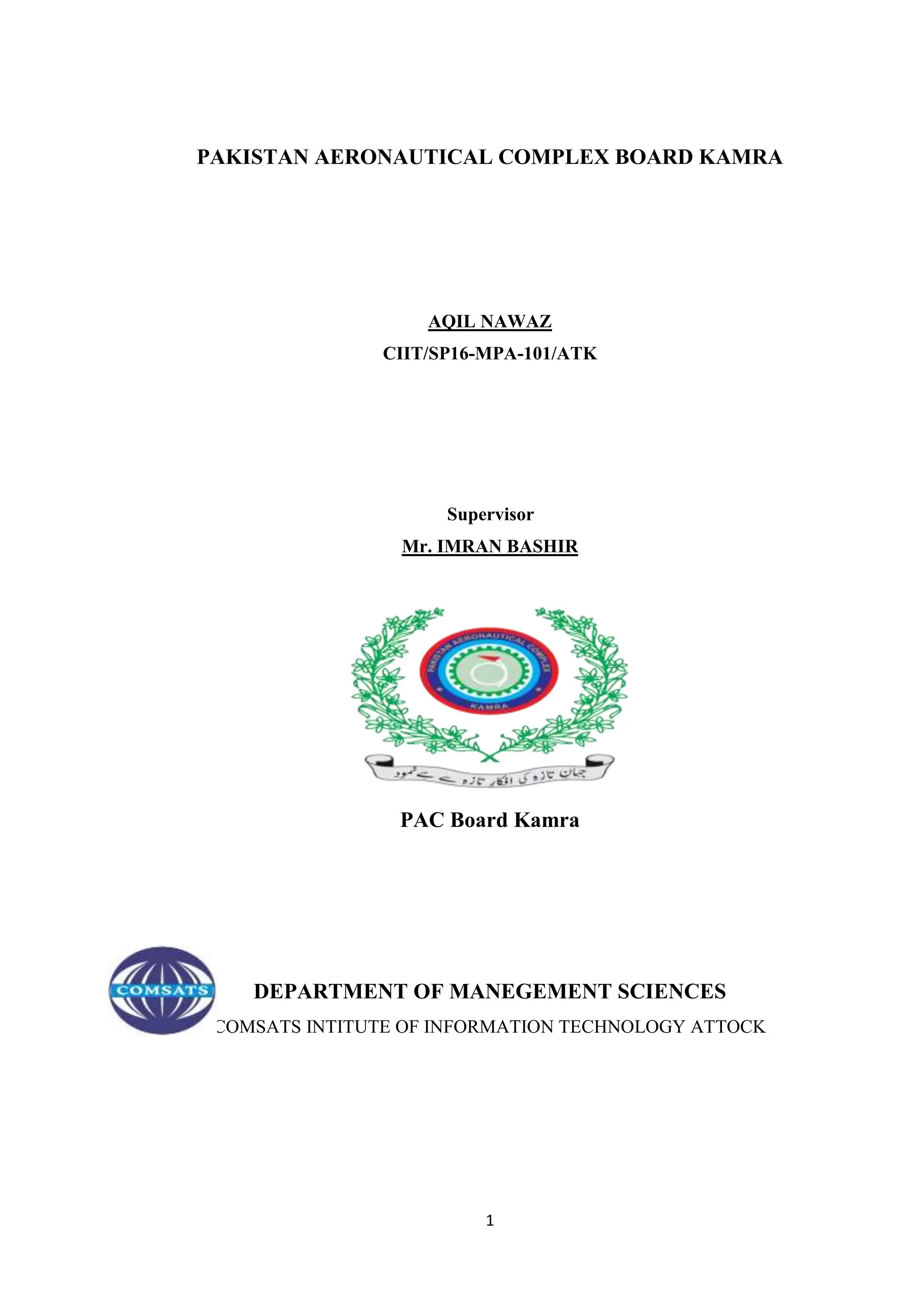 internship thesis pakistan aeronautical complex kamra | DOCX