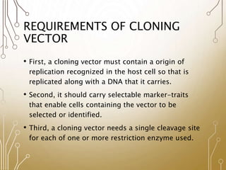 gene cloning, secreening a library, cloning products, requrements ...