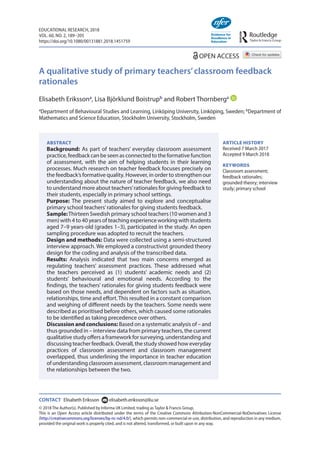A qualitative study of primary teachers classroom feedback rationales ...