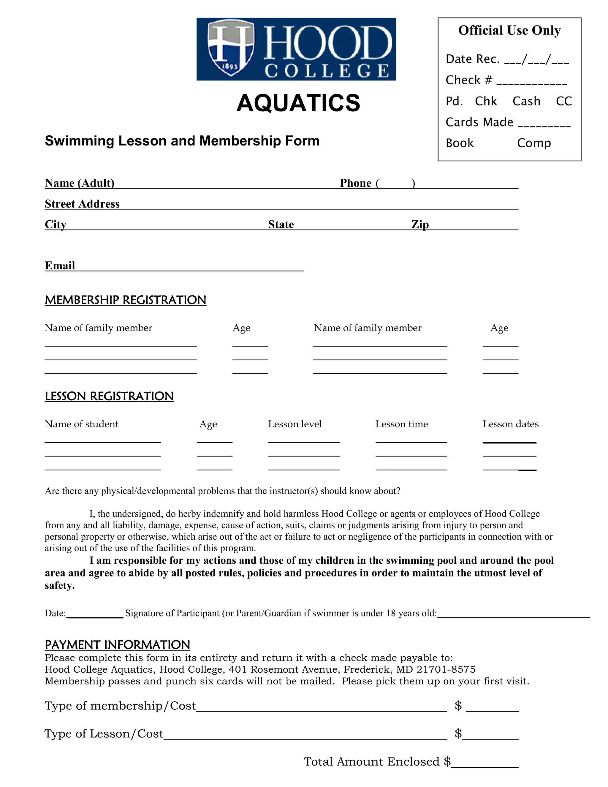 Aquatics registration form | PDF