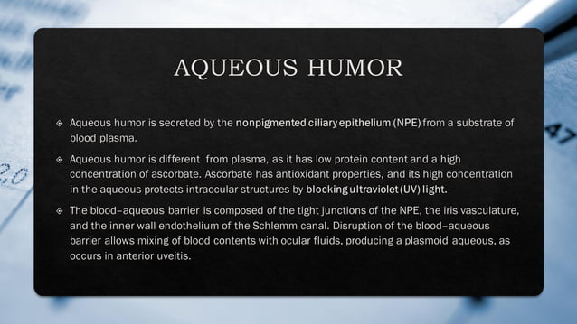 Aqueous Humor Biochemistry- Ocular Biochemistry | PPT