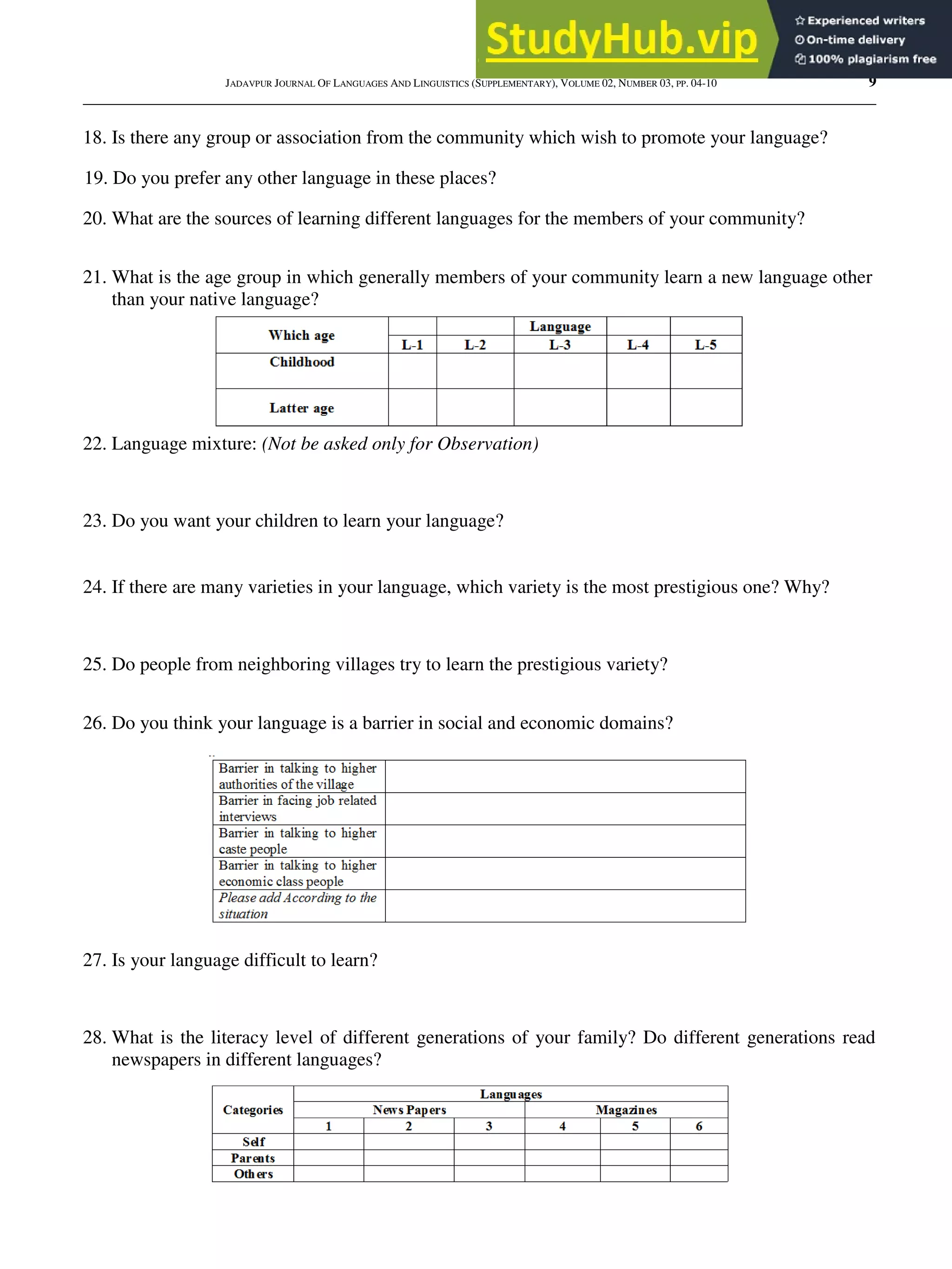 A Questionnaire Developed For Conducting Fieldwork On Endangered And ...