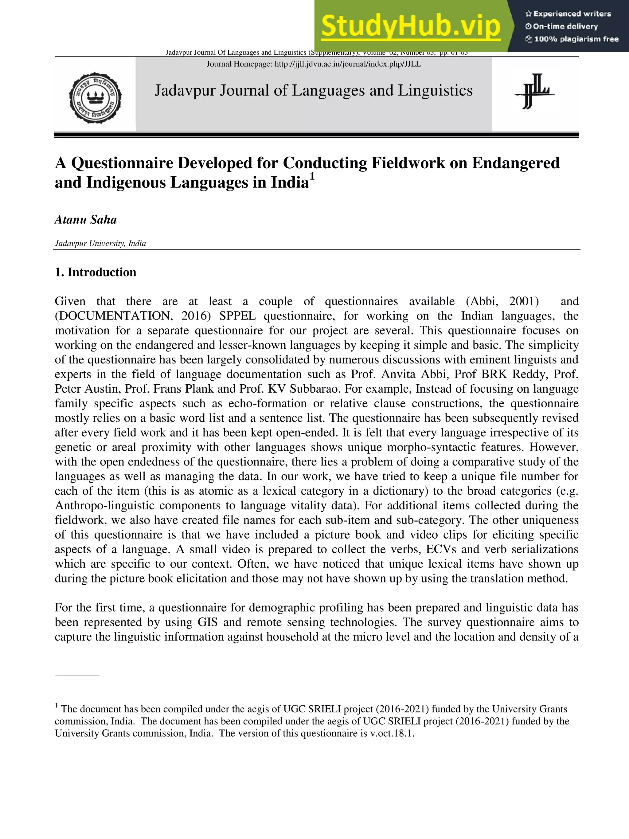 A Questionnaire Developed For Conducting Fieldwork On Endangered And Indigenous Languages | PDF