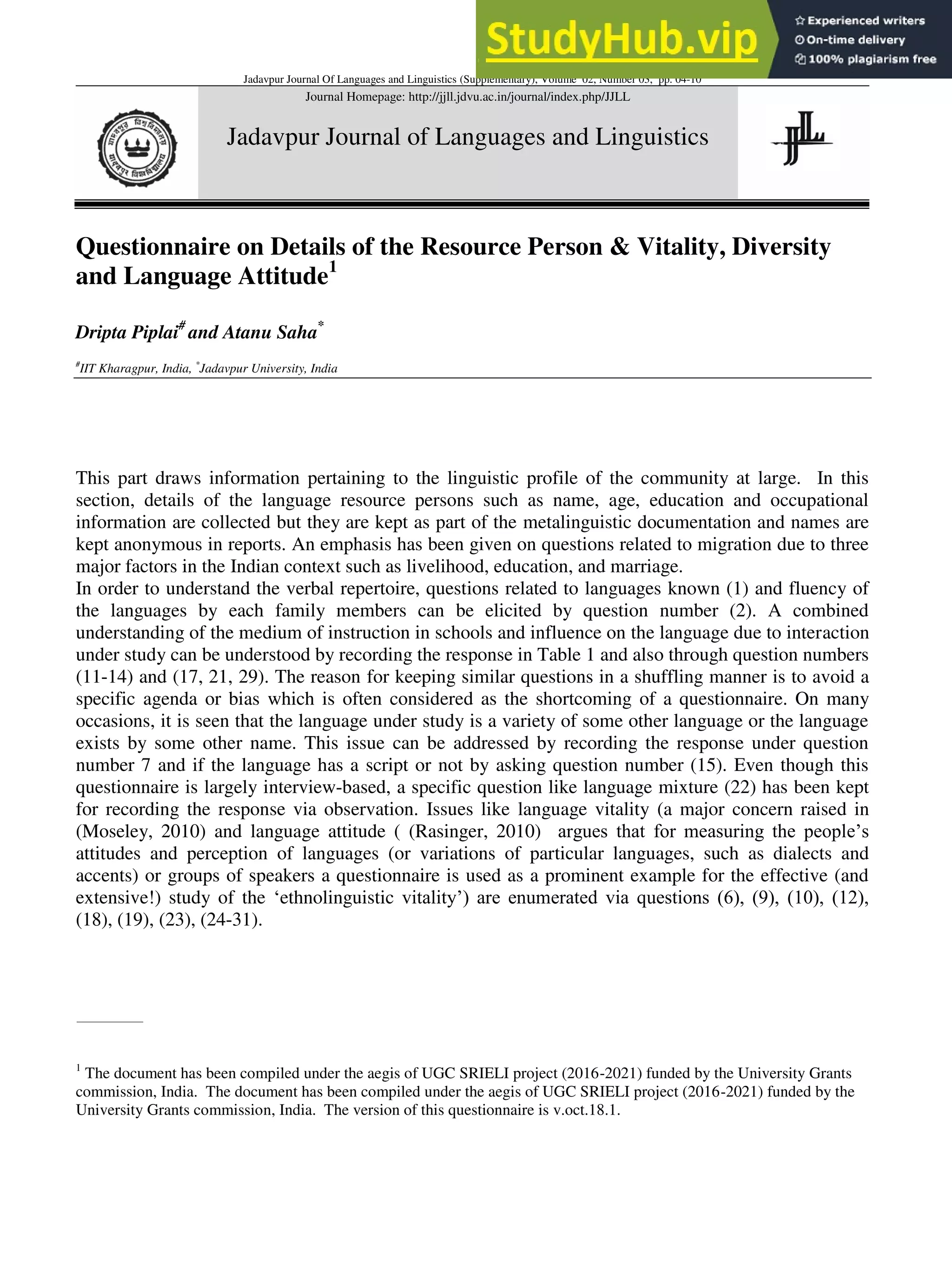 A Questionnaire Developed For Conducting Fieldwork On Endangered And ...