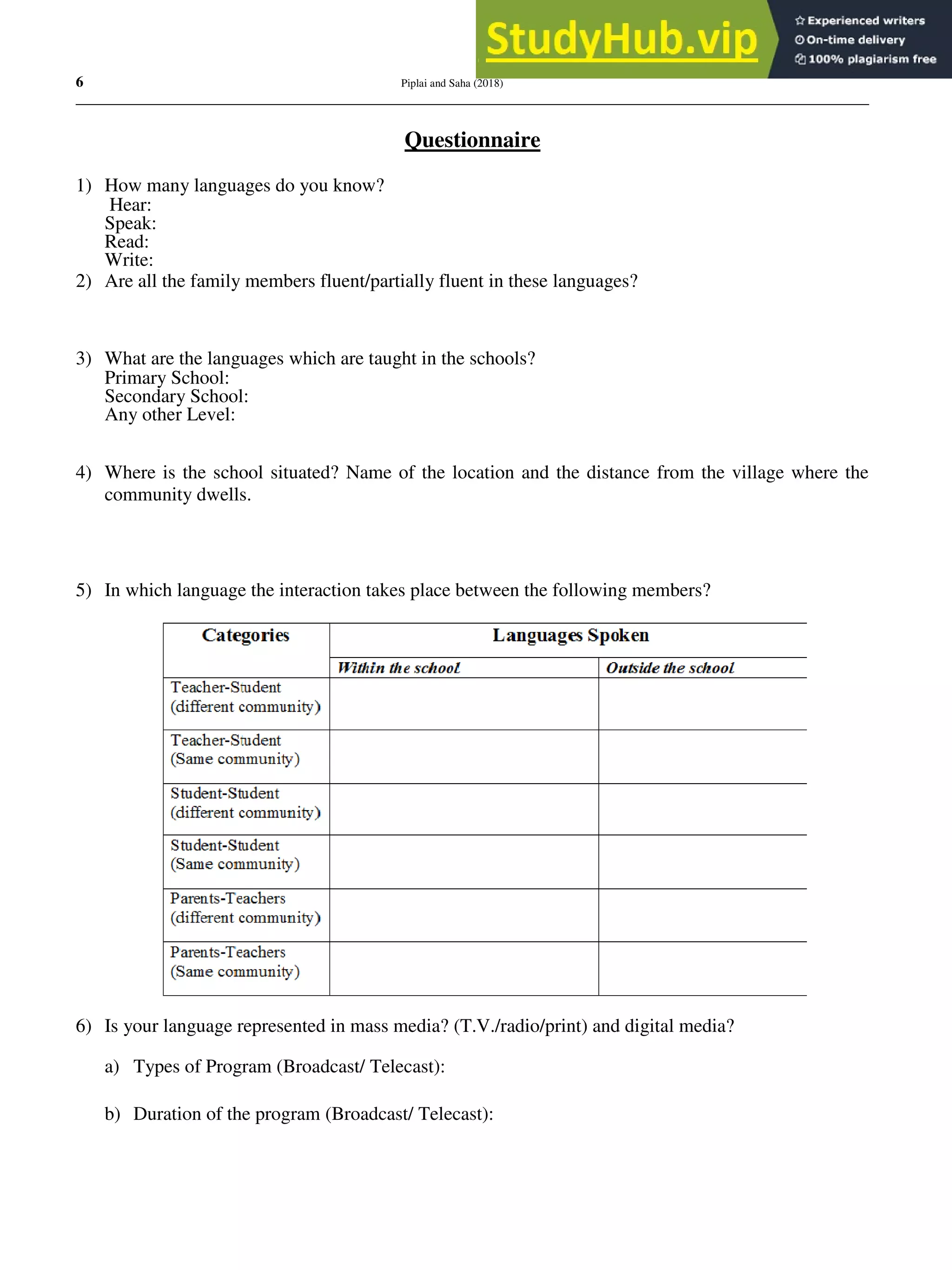 A Questionnaire Developed For Conducting Fieldwork On Endangered And ...