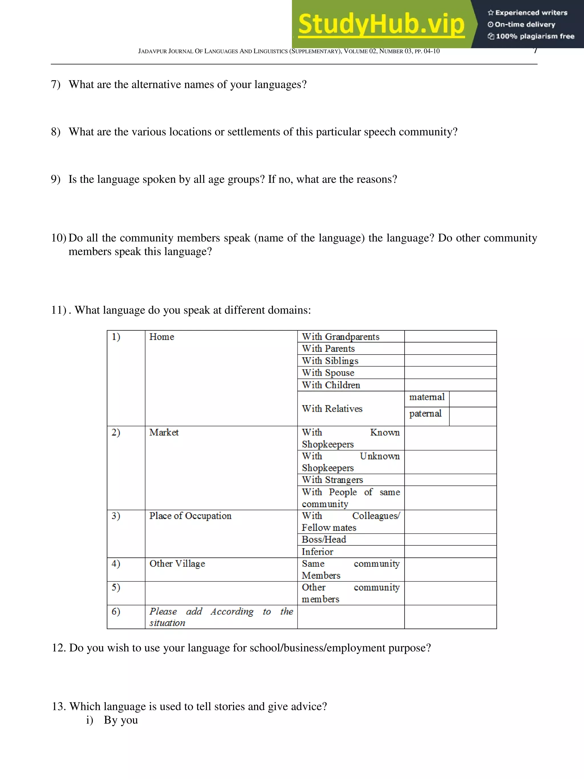 A Questionnaire Developed For Conducting Fieldwork On Endangered And ...