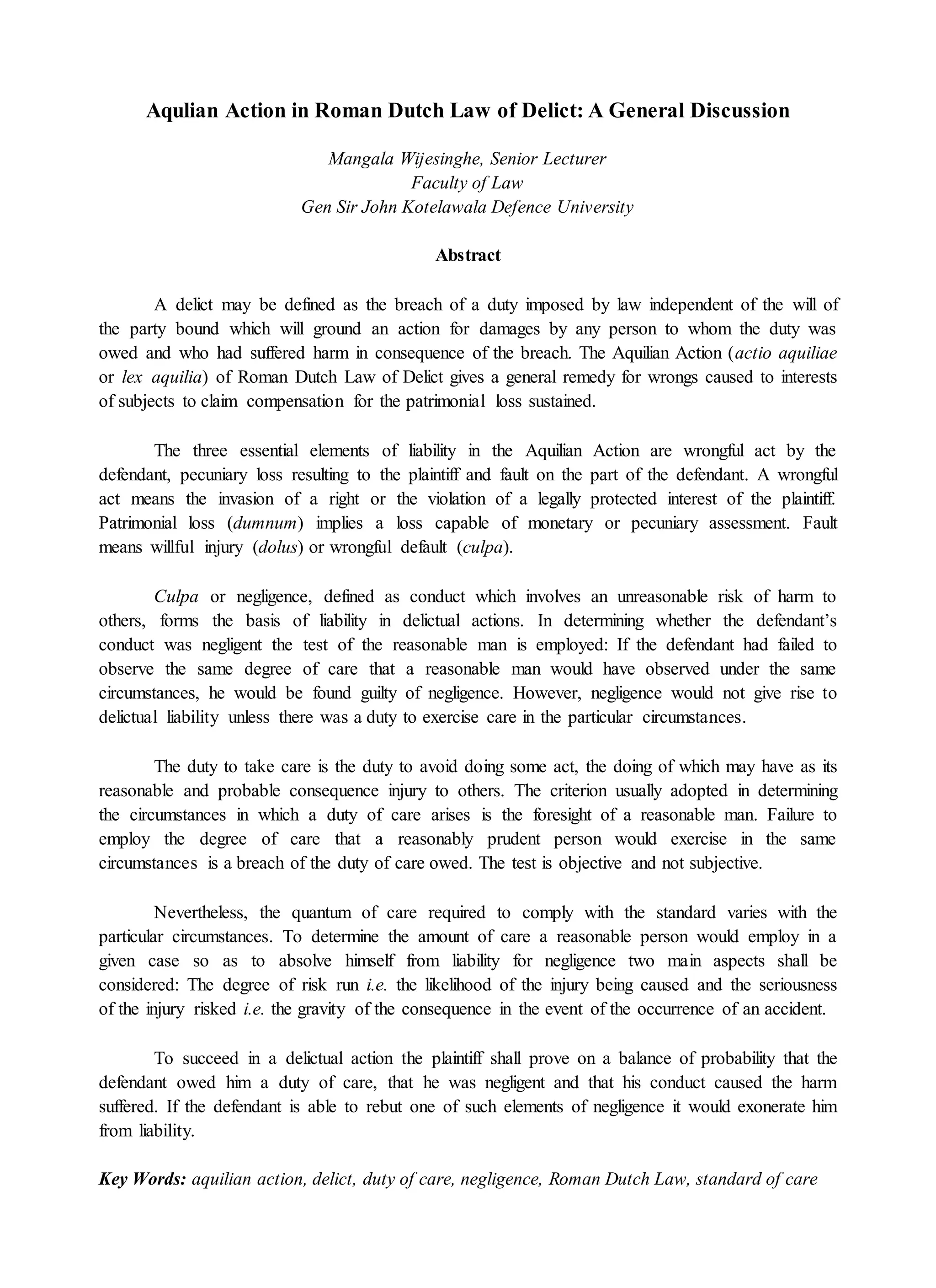 Aqulian action in roman dutch law of delict a general discussion | DOCX