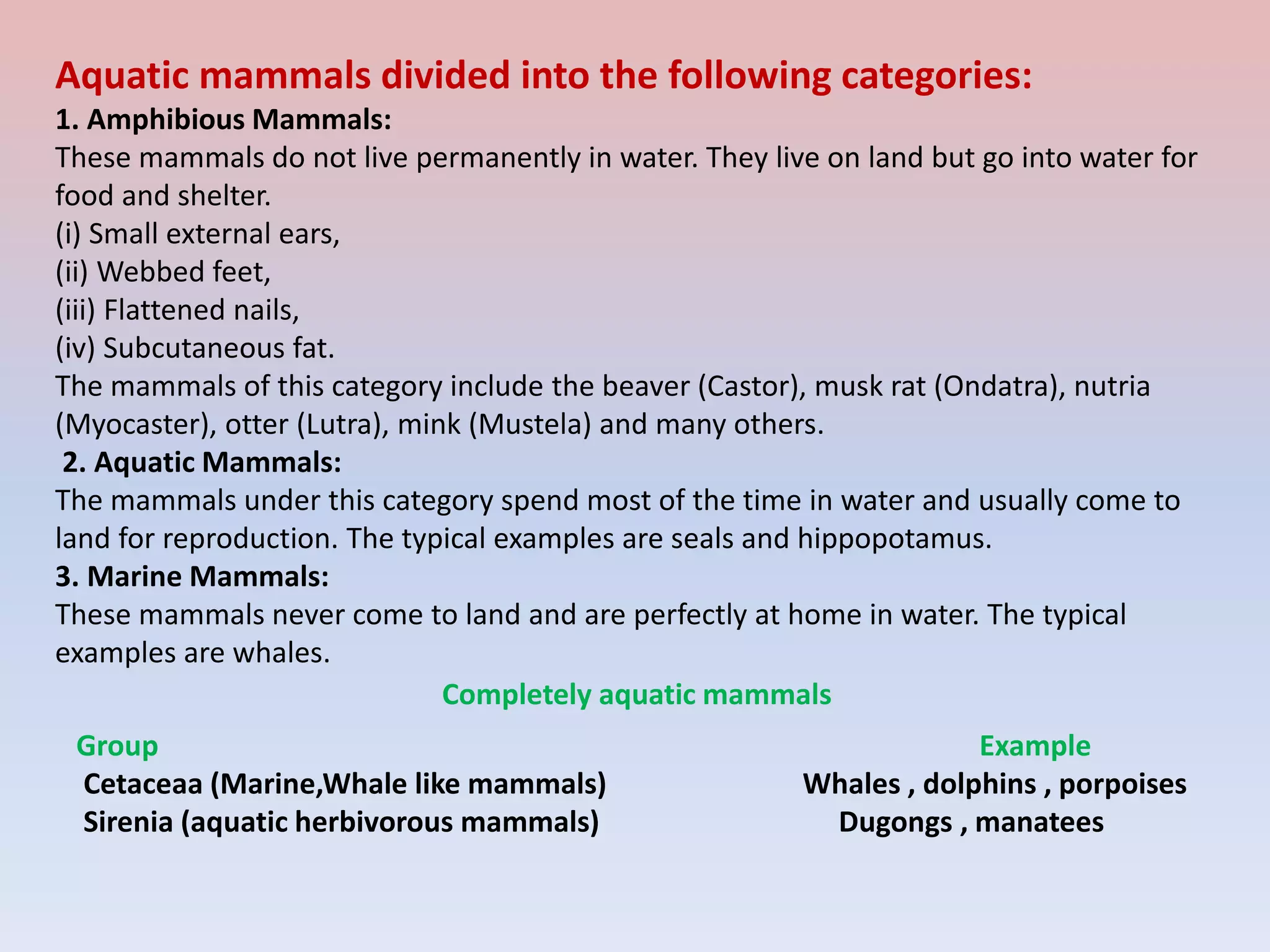 Aquatic mammals and their adaptation, General Feathers of Aquatic ...