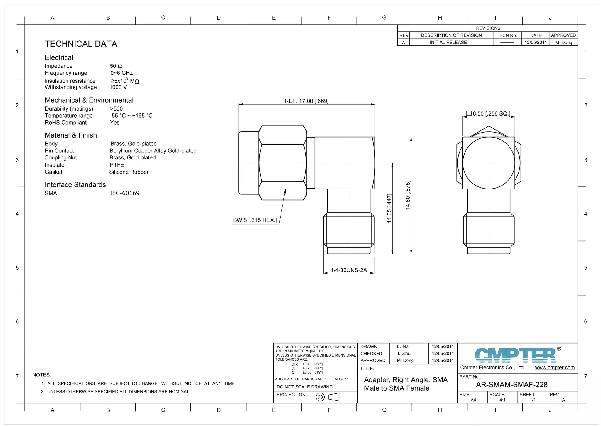 RF Adapter, Right Angle, SMA Male to SMA Female | PPT